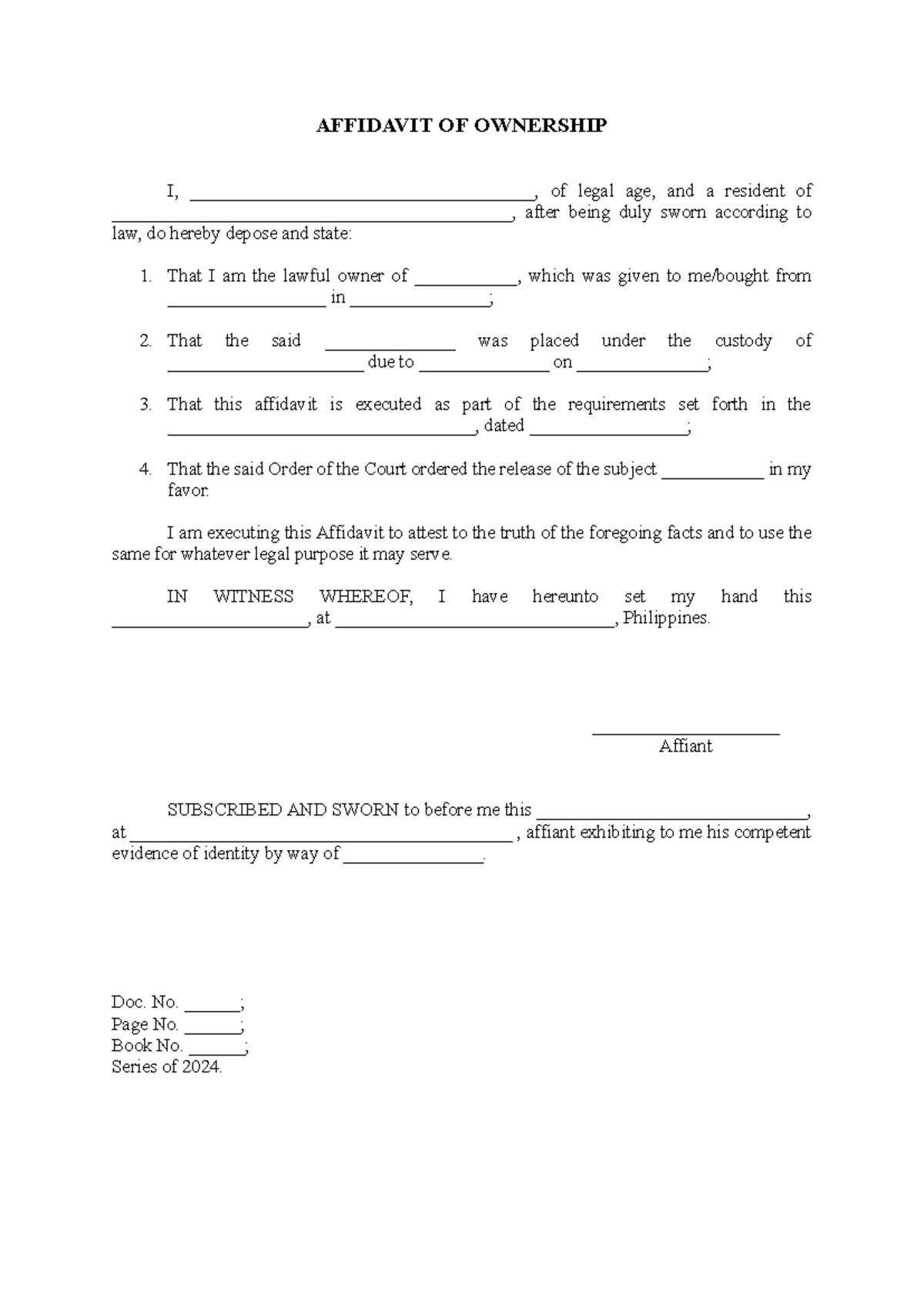 Affidavit of Ownership Template - Legal Documentation Sample - Studocu