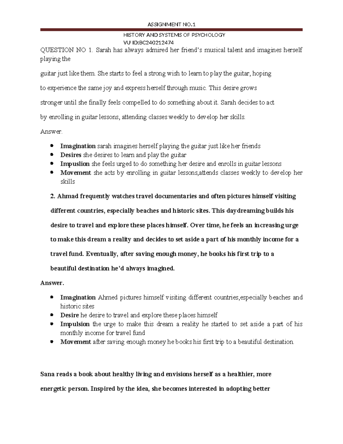 ASSIGNMENT NO.1 PSY502: Imagination, Desire, and Action in Psychology ...