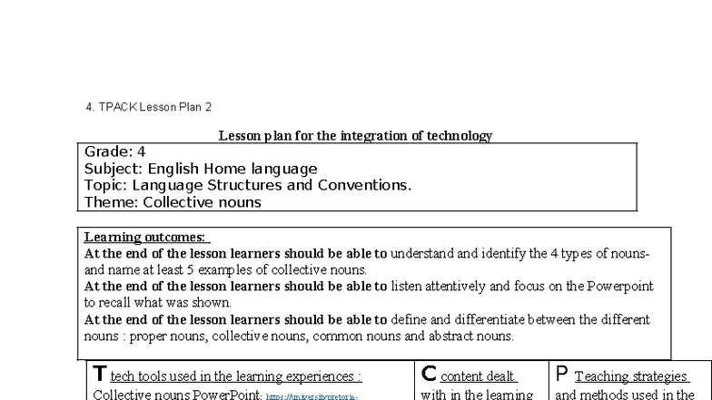 TPACK Lesson Plan 2: Integrating Tech in Grade 4 English Nouns - Studocu