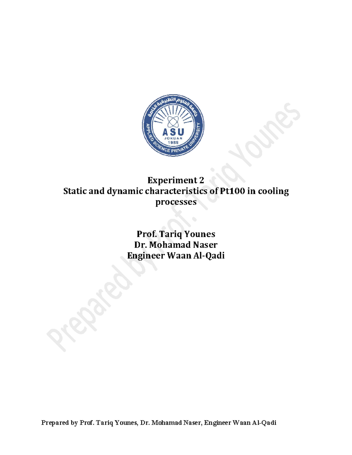Experiment 2: Static & Dynamic Characteristics of Pt100 in Cooling ...