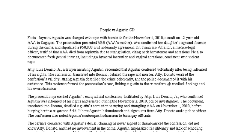 People vs Agustin CD: Case Digest on Rape with Homicide - Studocu