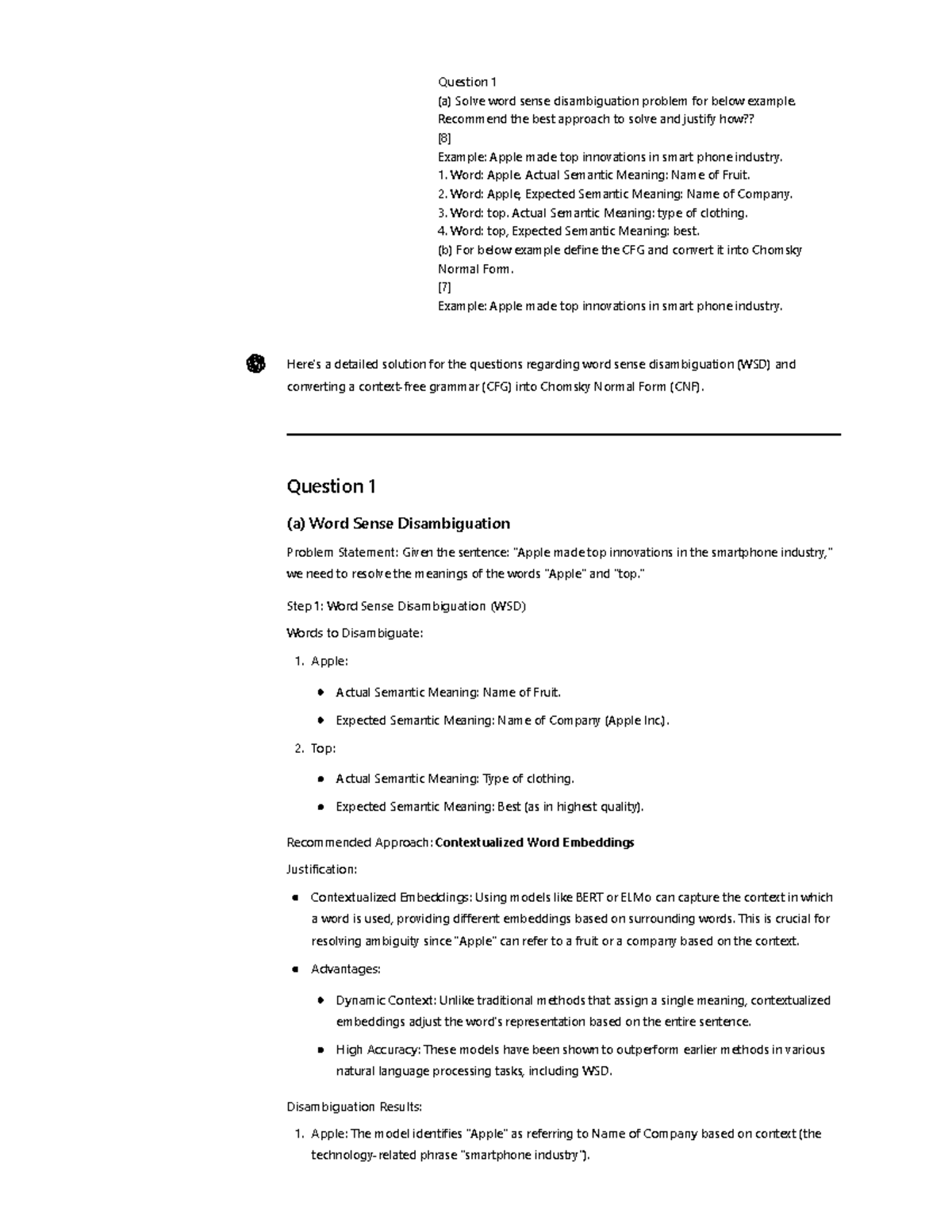 Q1 - NLP Q: Word Sense Disambiguation & CFG to CNF Analysis - Studocu