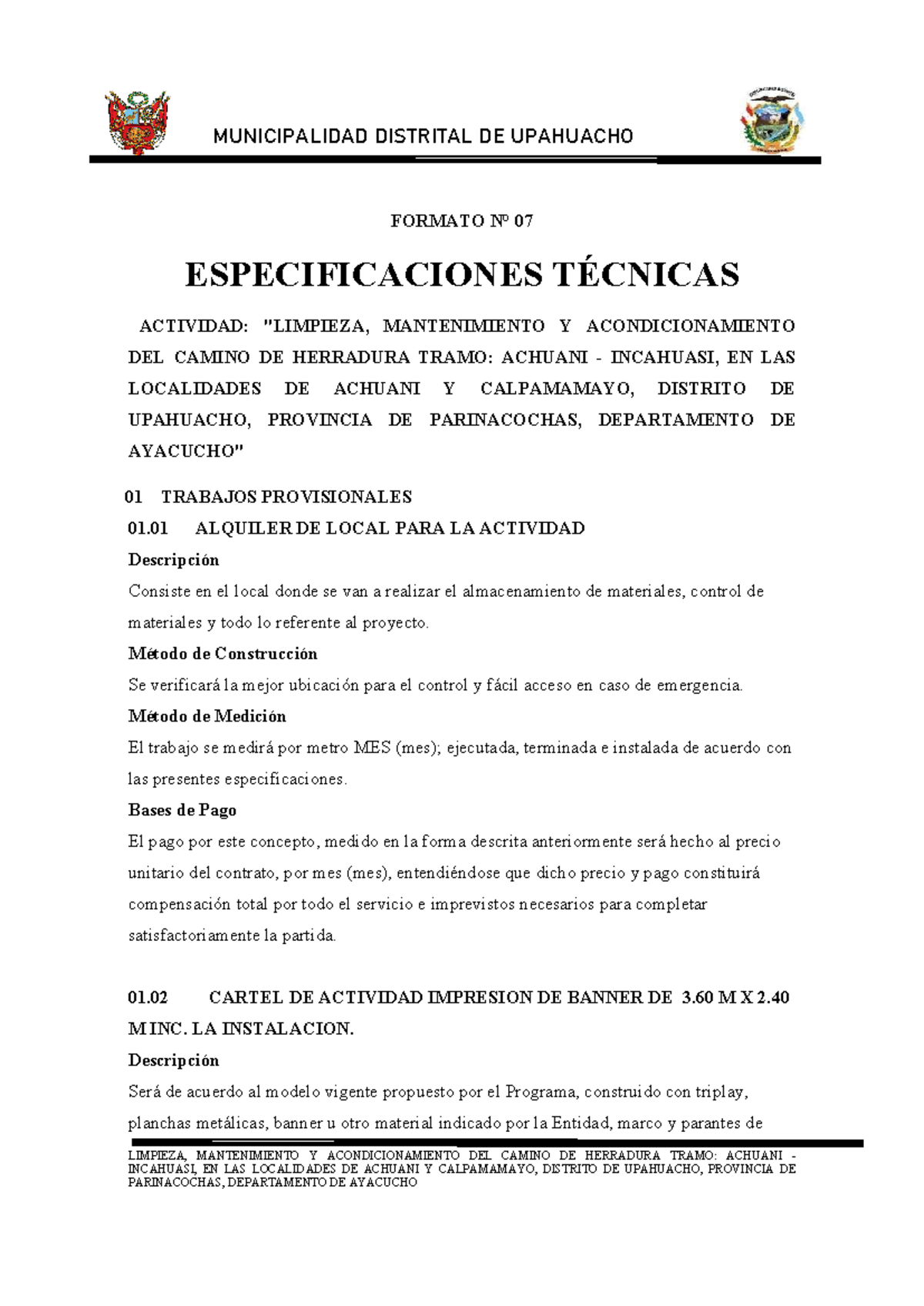 Especificaciones Técnicas del Camino de Herradura Tramo Achuani - Studocu