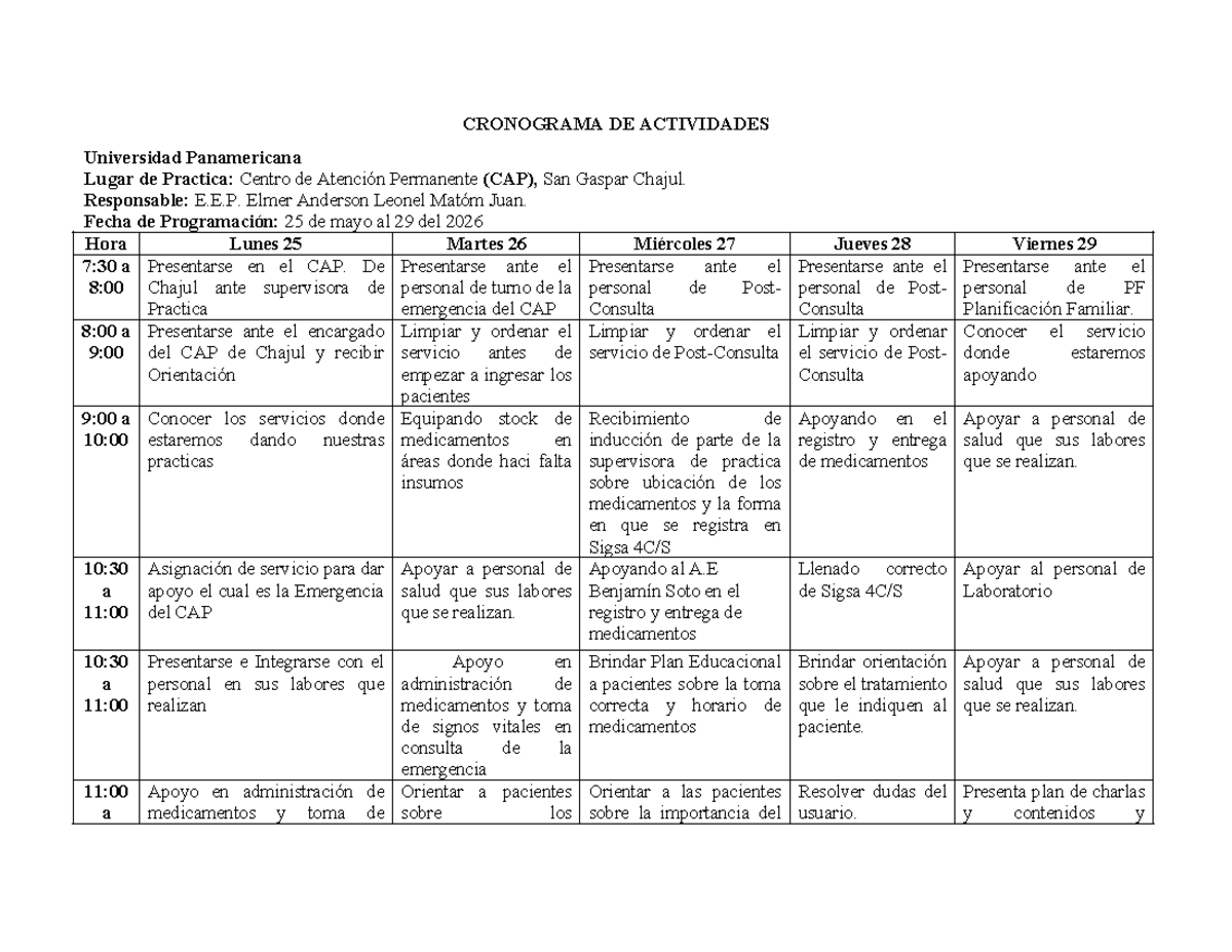 Cronograma de Actividades - Materno Neonatal (CRON 1) - Studocu