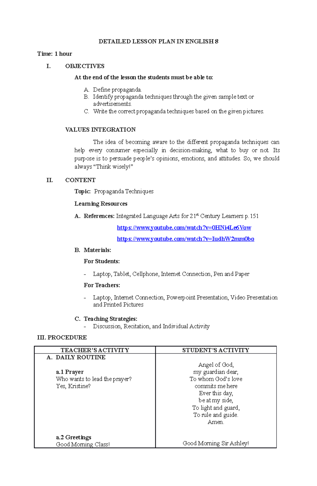 Detailed Lesson Plan: Propaganda Techniques in English 8 - Studocu