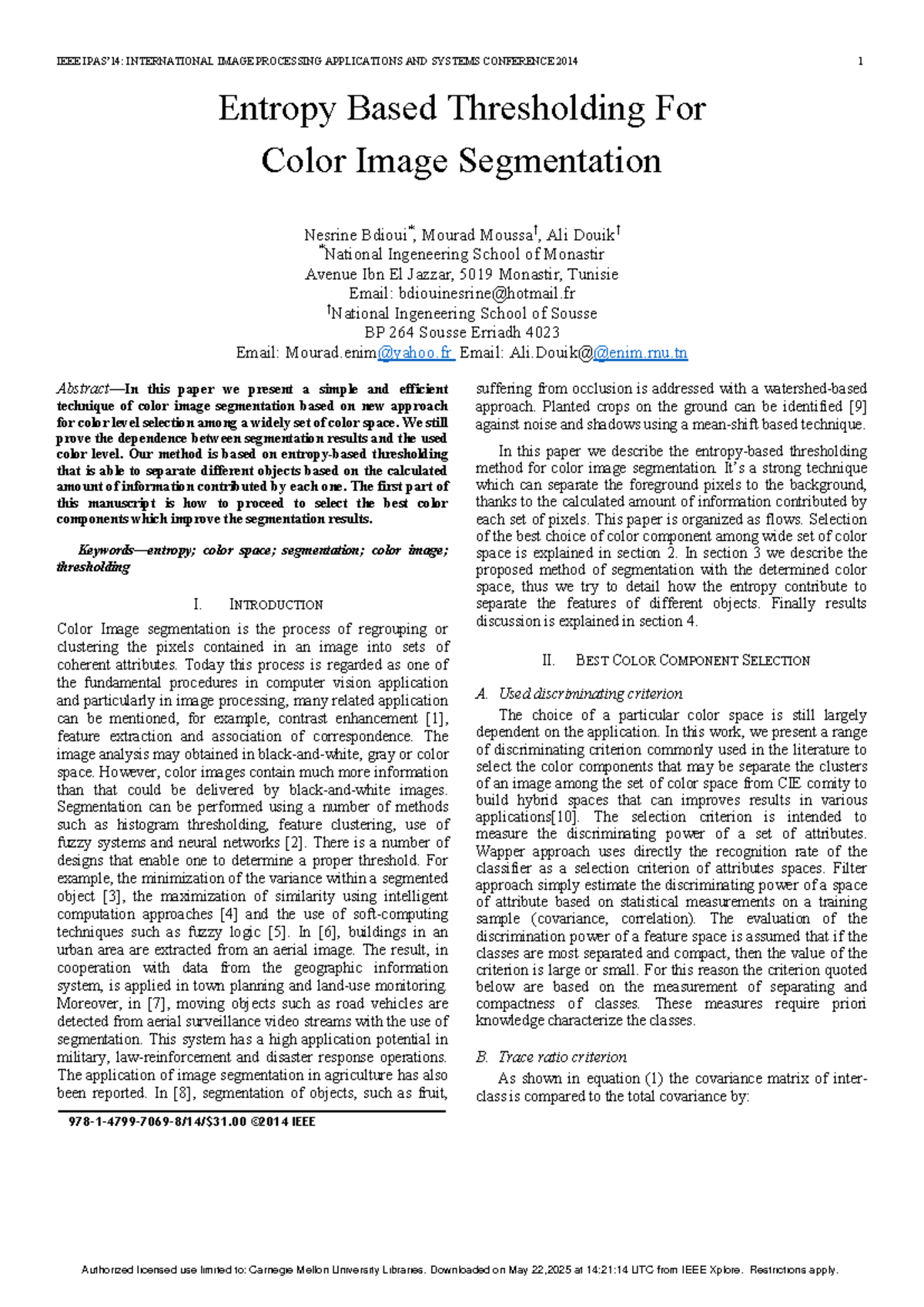 Entropy-Based Thresholding for Color Image Segmentation (IIPASC 2014 ...