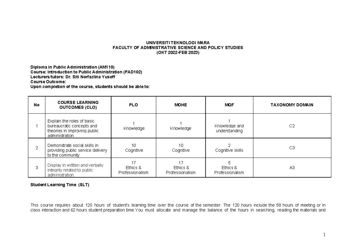 PAD102 Introduction to Public Administration Syllabus (OCT 2023) - Studocu