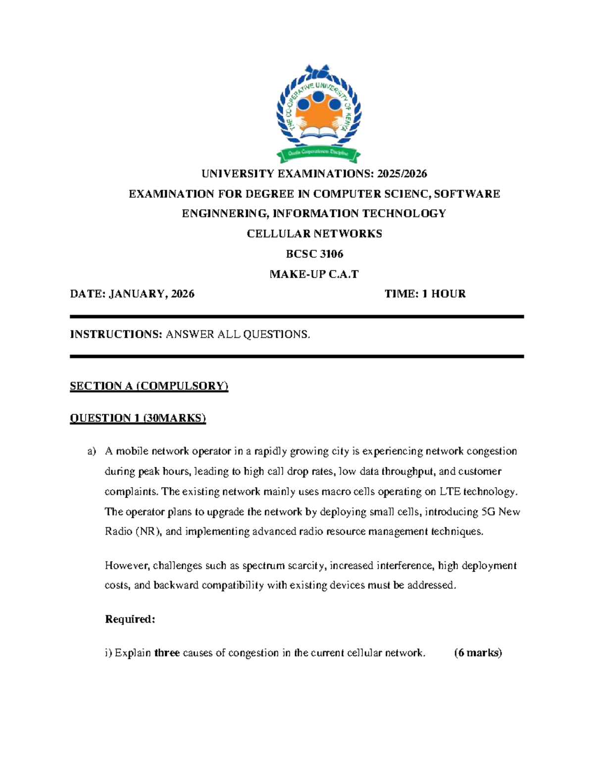 BCSC 3106: Cellular Networks Exam - Causes of Congestion Analysis - Studocu