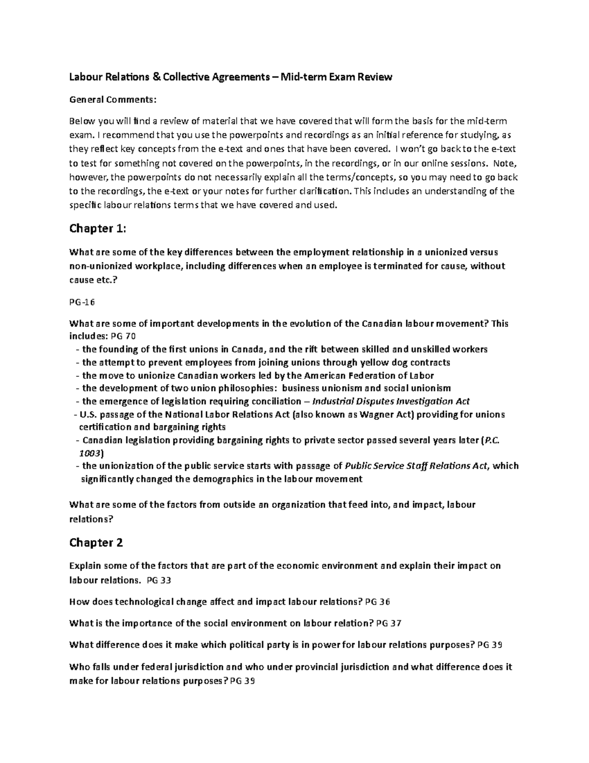 Labour Relations & Collective Agreements – Mid-term Exam Review (LR101 ...