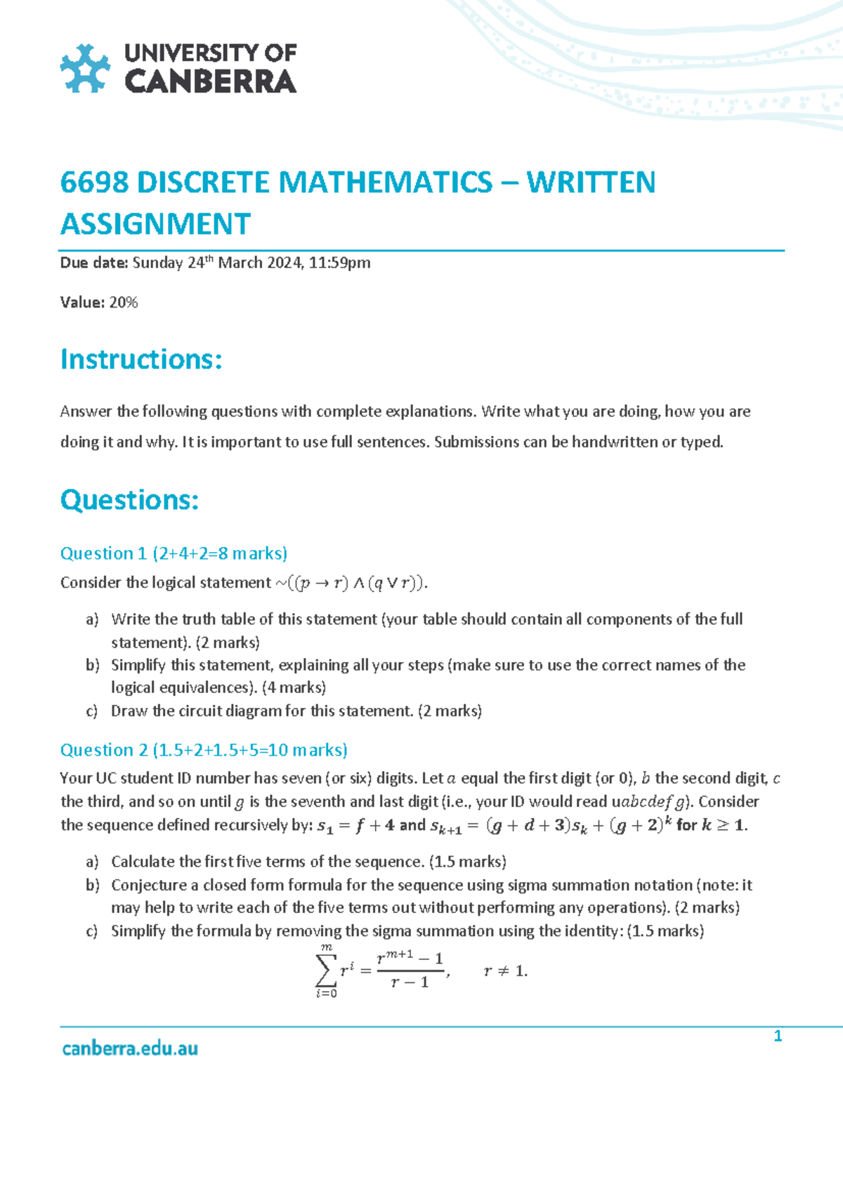 6698 Discrete Mathematics - Written Assignment Questions & Instructions ...