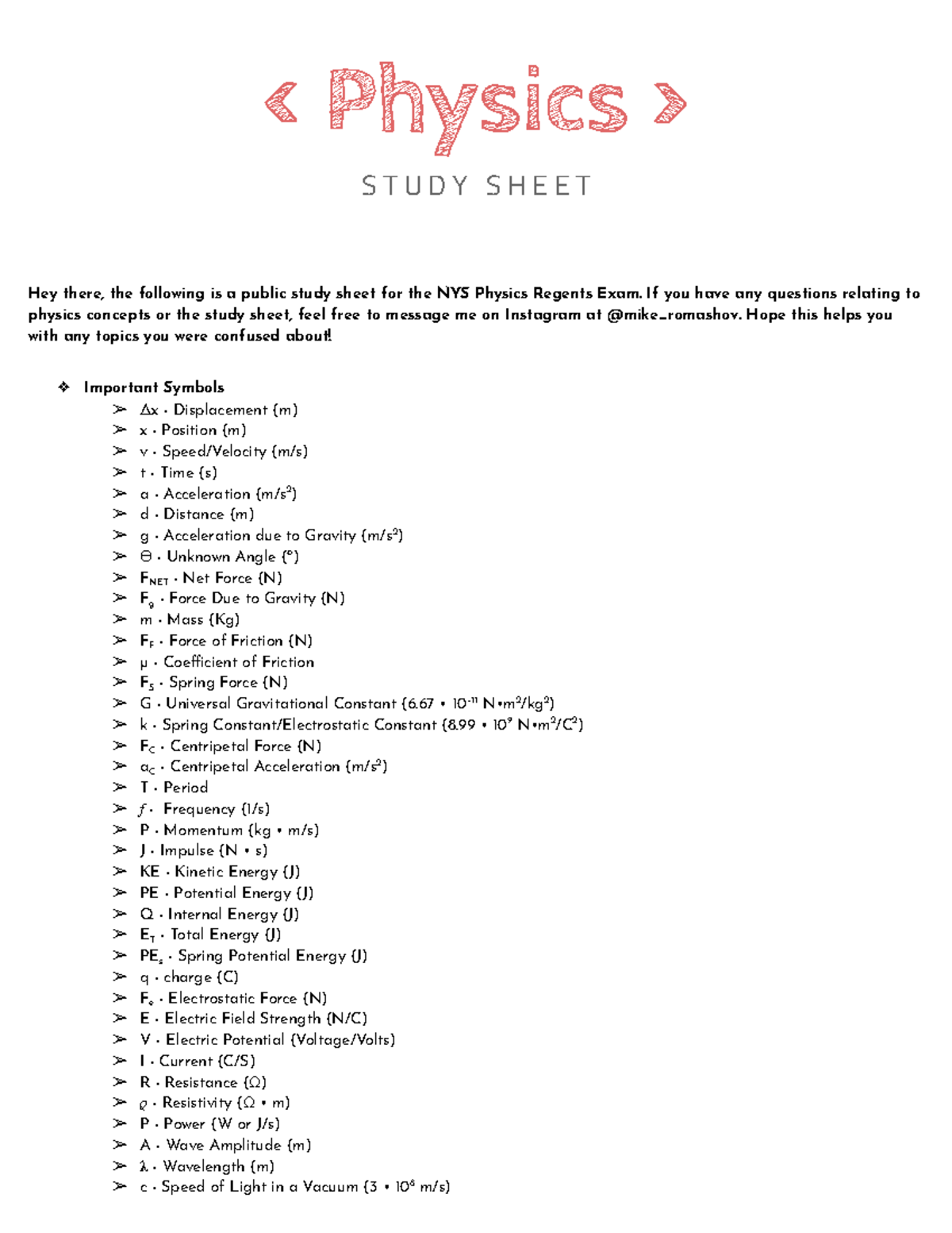 NYS Physics Regents Exam Study Sheet - Studocu