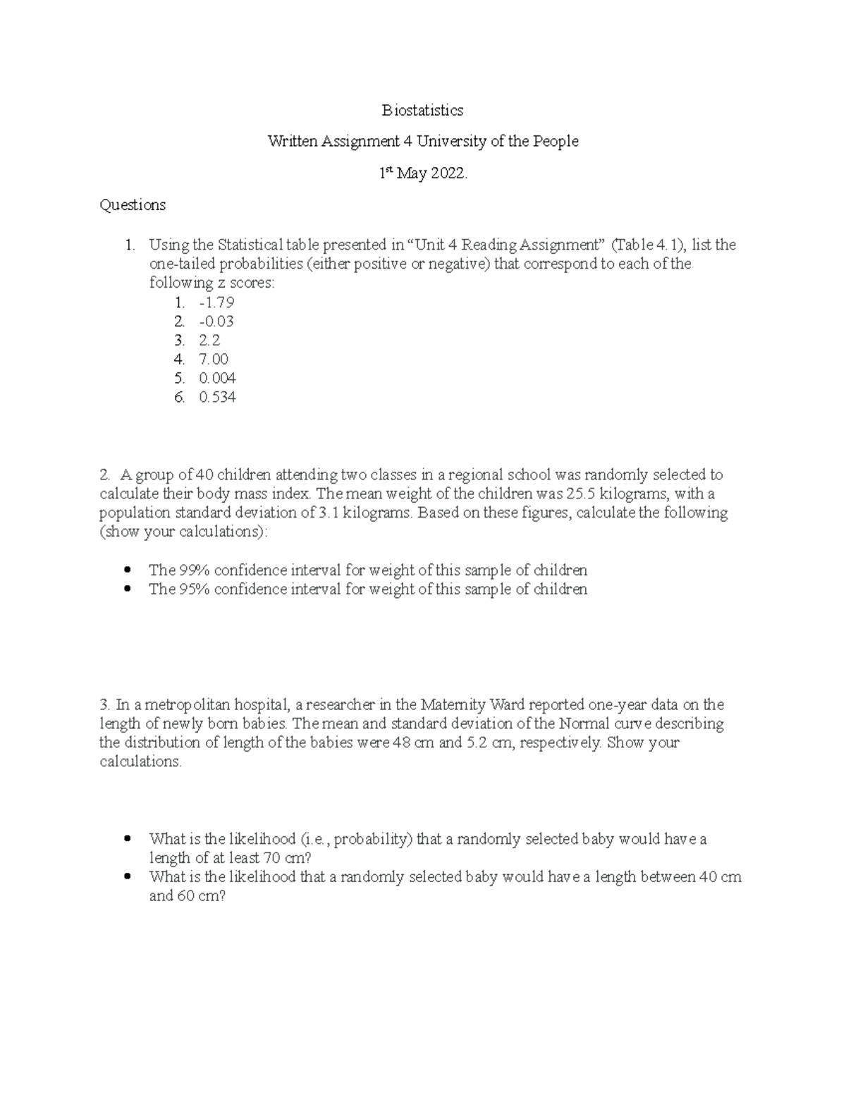 HS4510 Unit 4 Assignment - Biostatistics Written Assignment 4 University of the People 1 st May ...