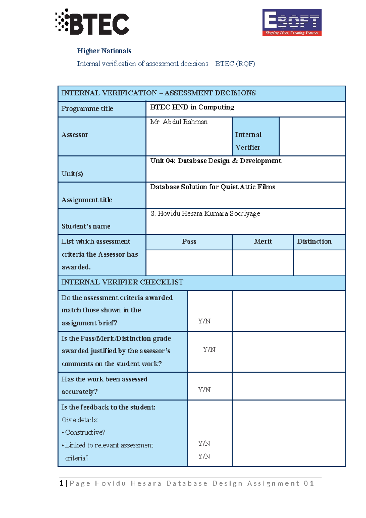 Database assignment - Higher Nationals Internal verification of ...
