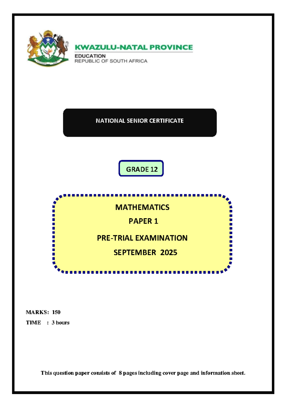 Gr 12 Mathematics P1 Pre-Trial Exam September 2025 - KZN - Studocu