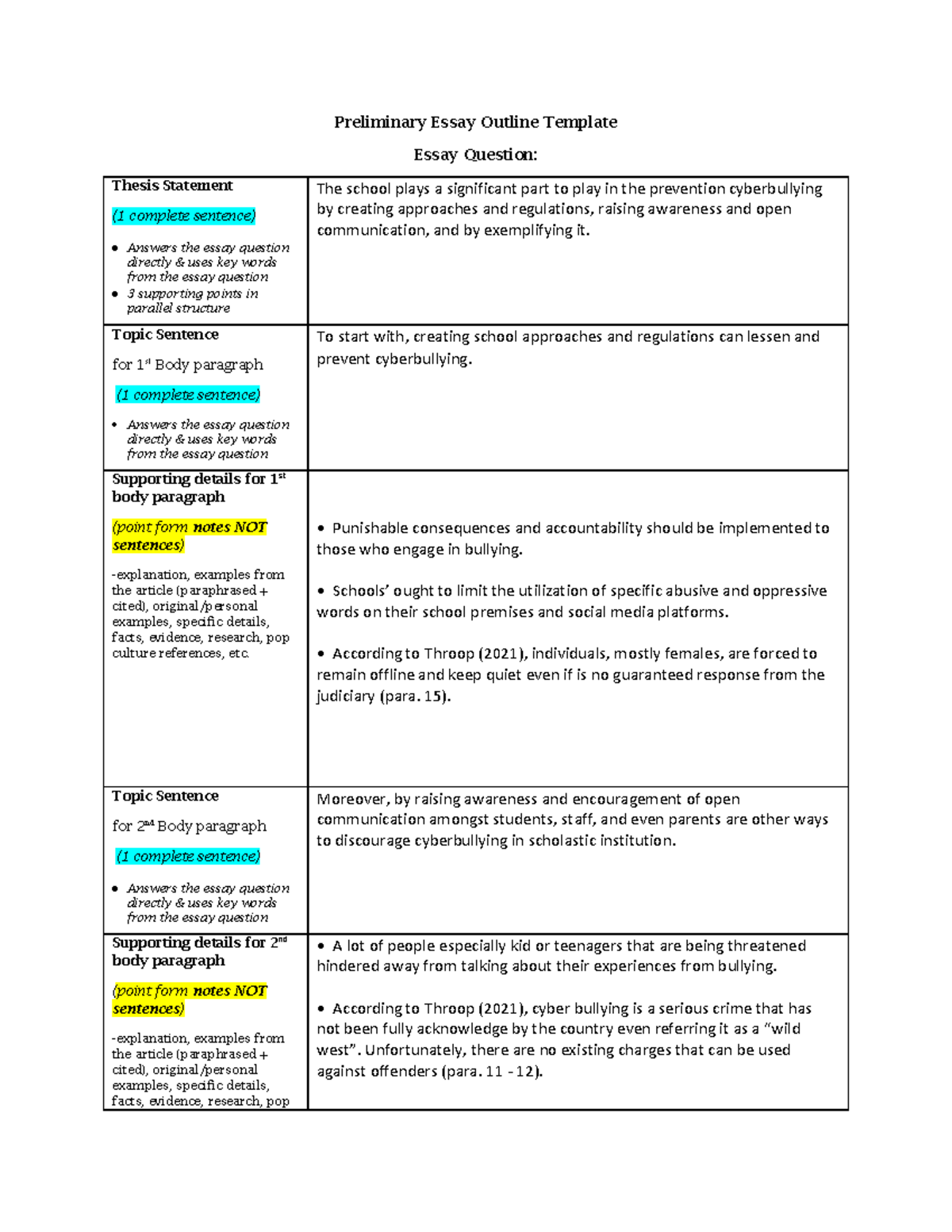 Preliminary Essay Outline on Cyberbullying Prevention Strategies - Studocu