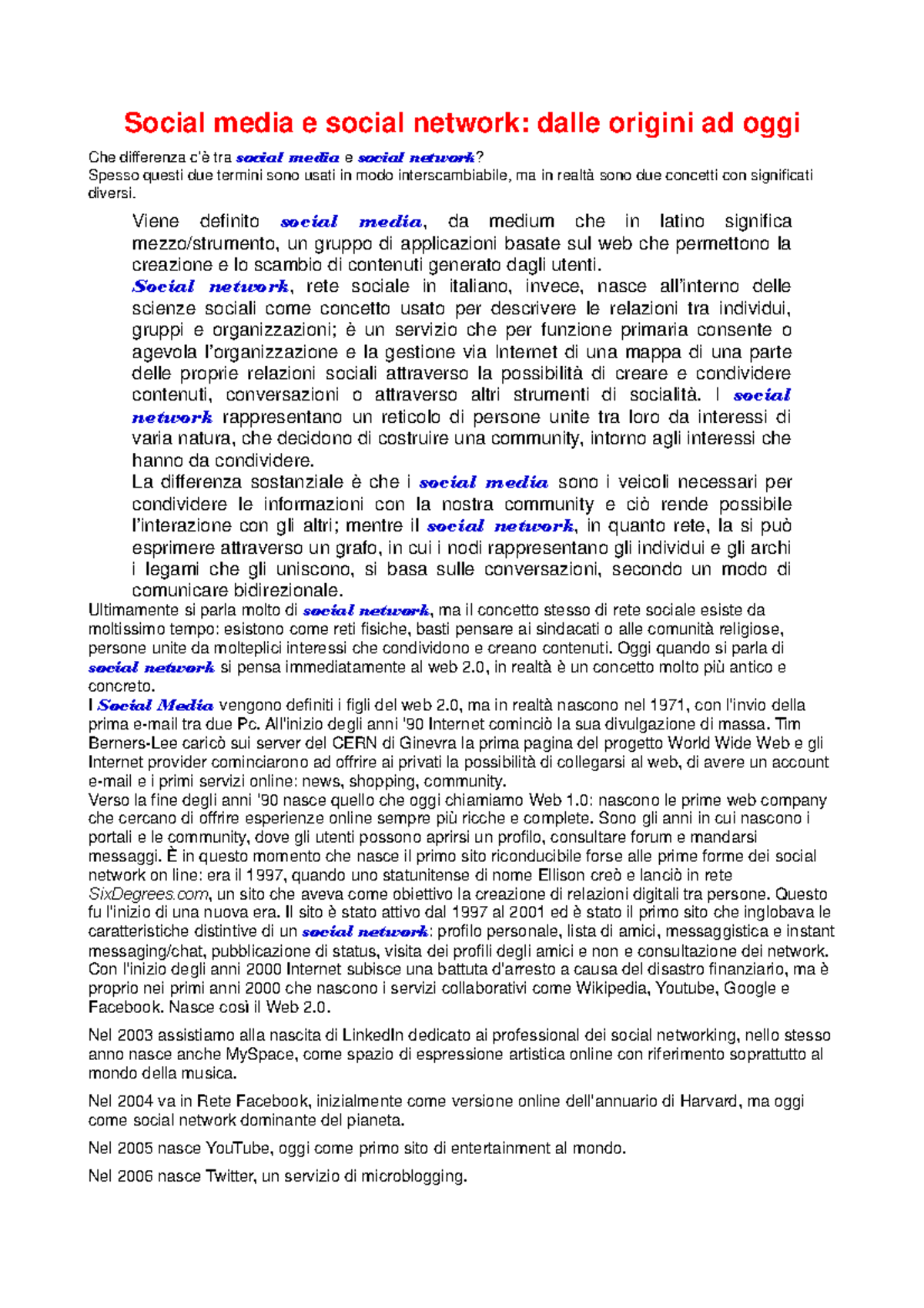 Social Media vs Social Network: Differenze e Storia - Studocu
