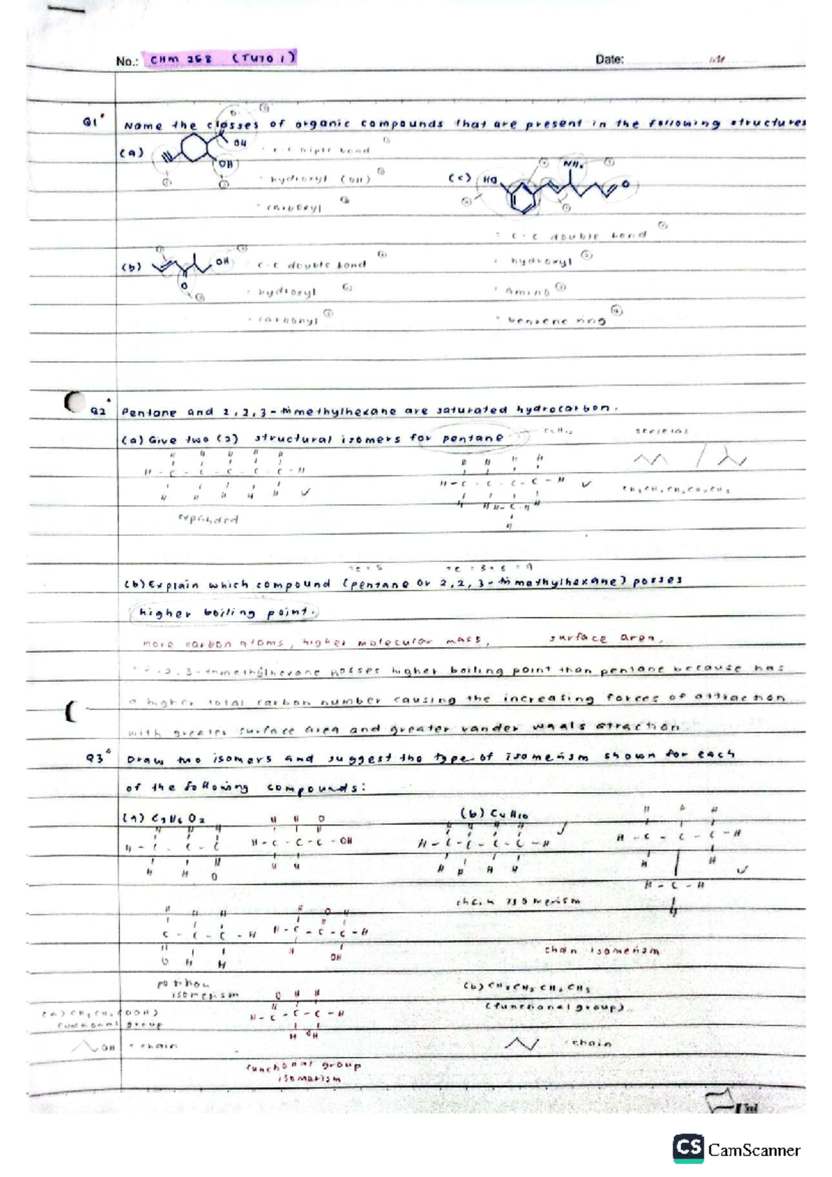 CHM 258 TUTO 1 - Organic Compounds and Isomerism Analysis - Studocu