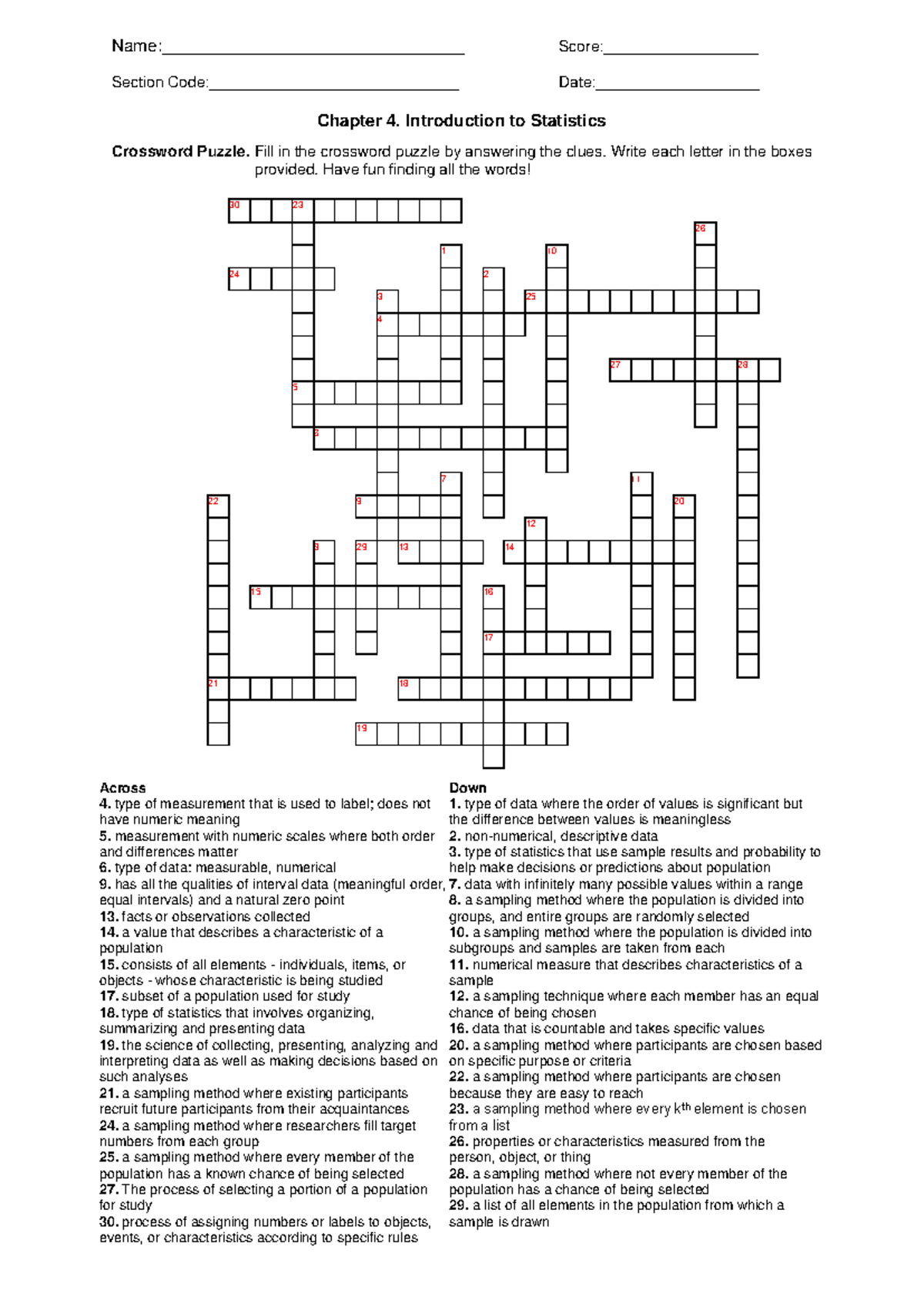 Chapter 4 Crossword Puzzle: Intro to Statistics (MMW) - Studocu
