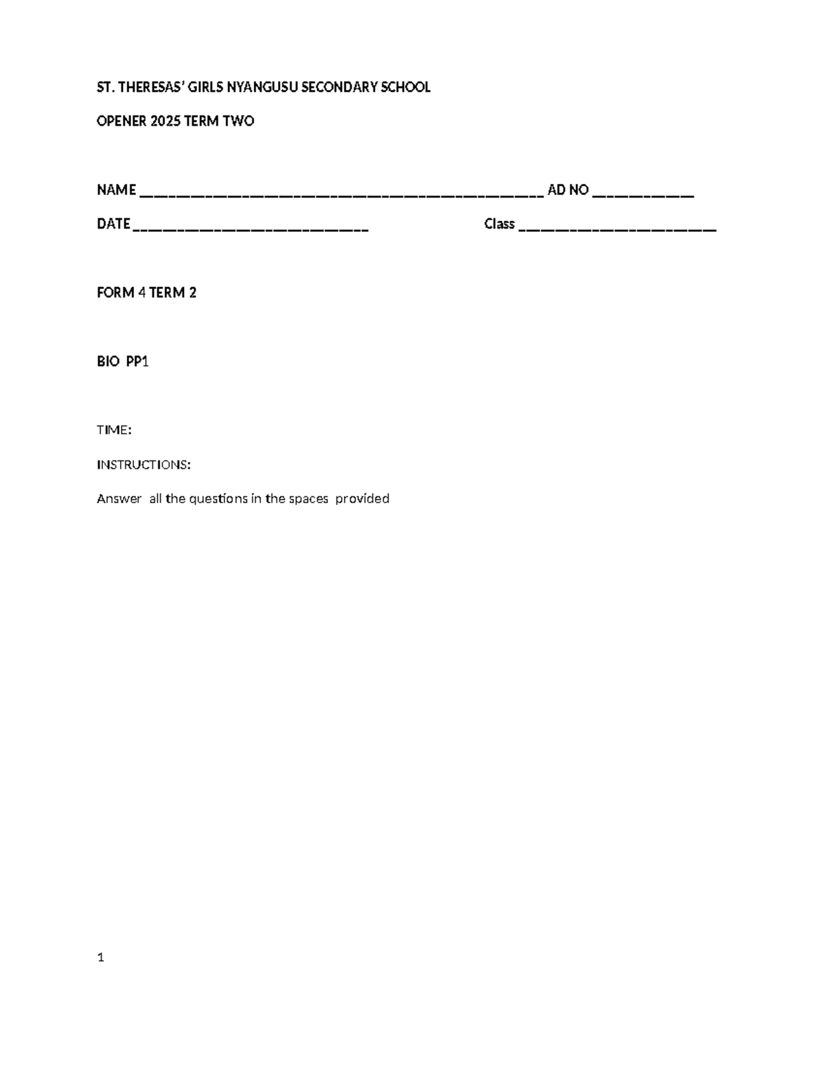 BIO F4 Term 2 Practice Paper 1: Flower Structure & Cell Biology - Studocu