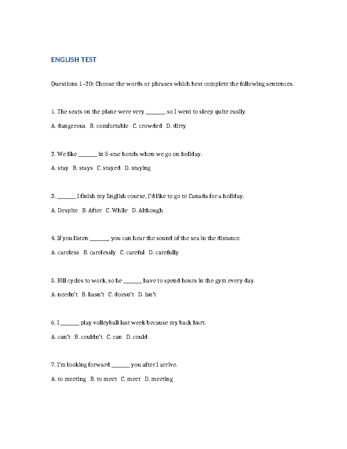 ENGLISH 101: Full Test Questions and Answers - Studocu