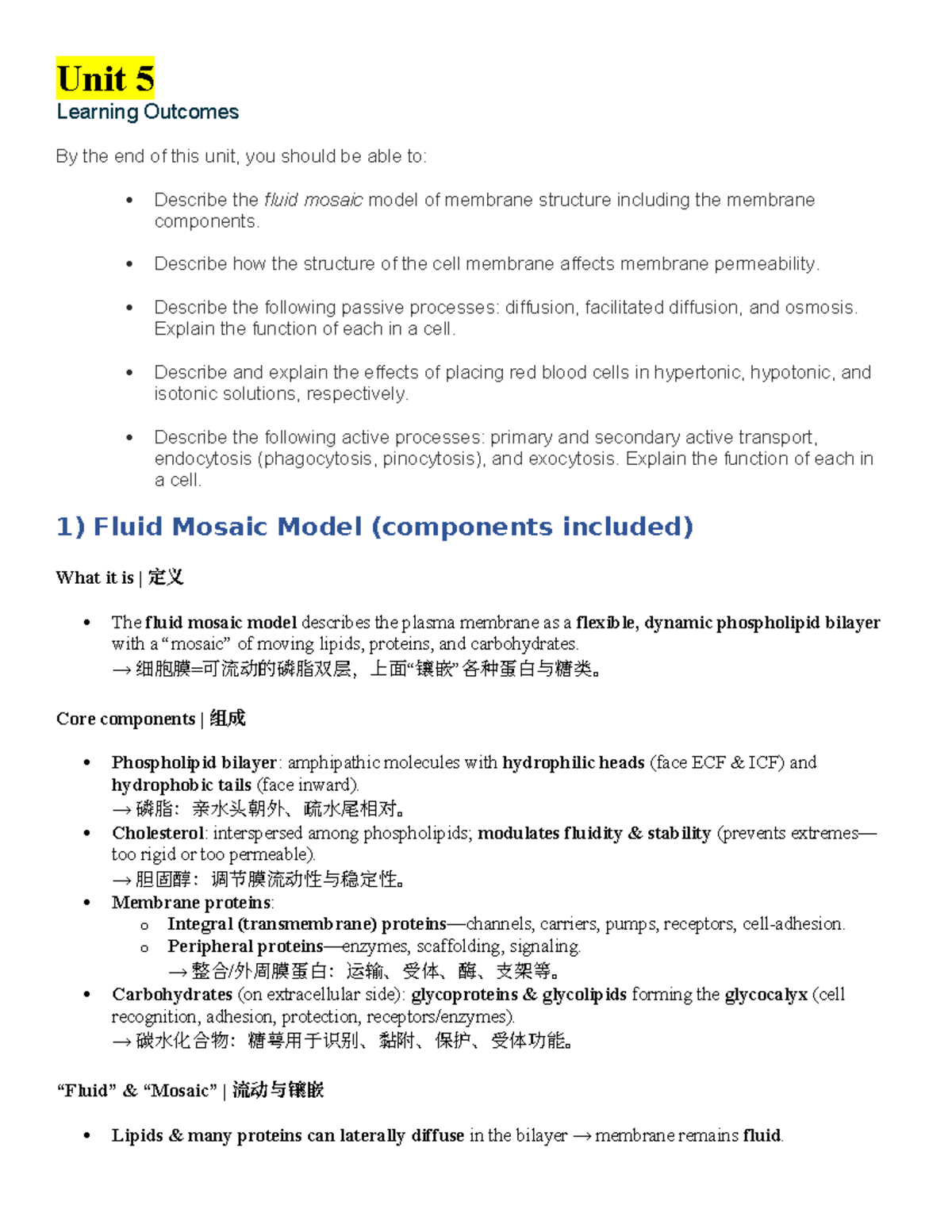 Unit 5 Learning Outcomes: Membrane Structure & Function - Studocu