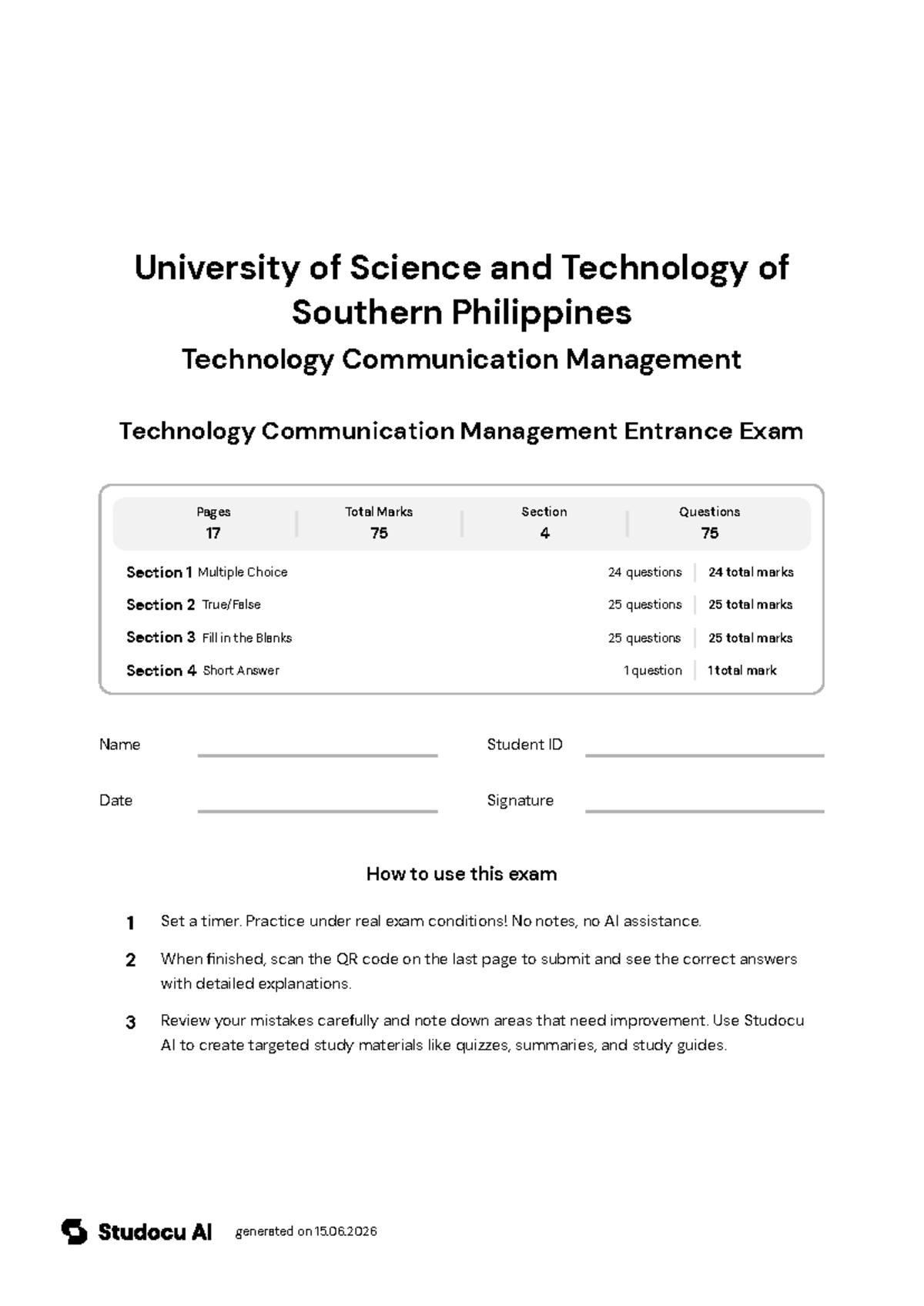 Technology Communication Management Entrance Exam - Studocu
