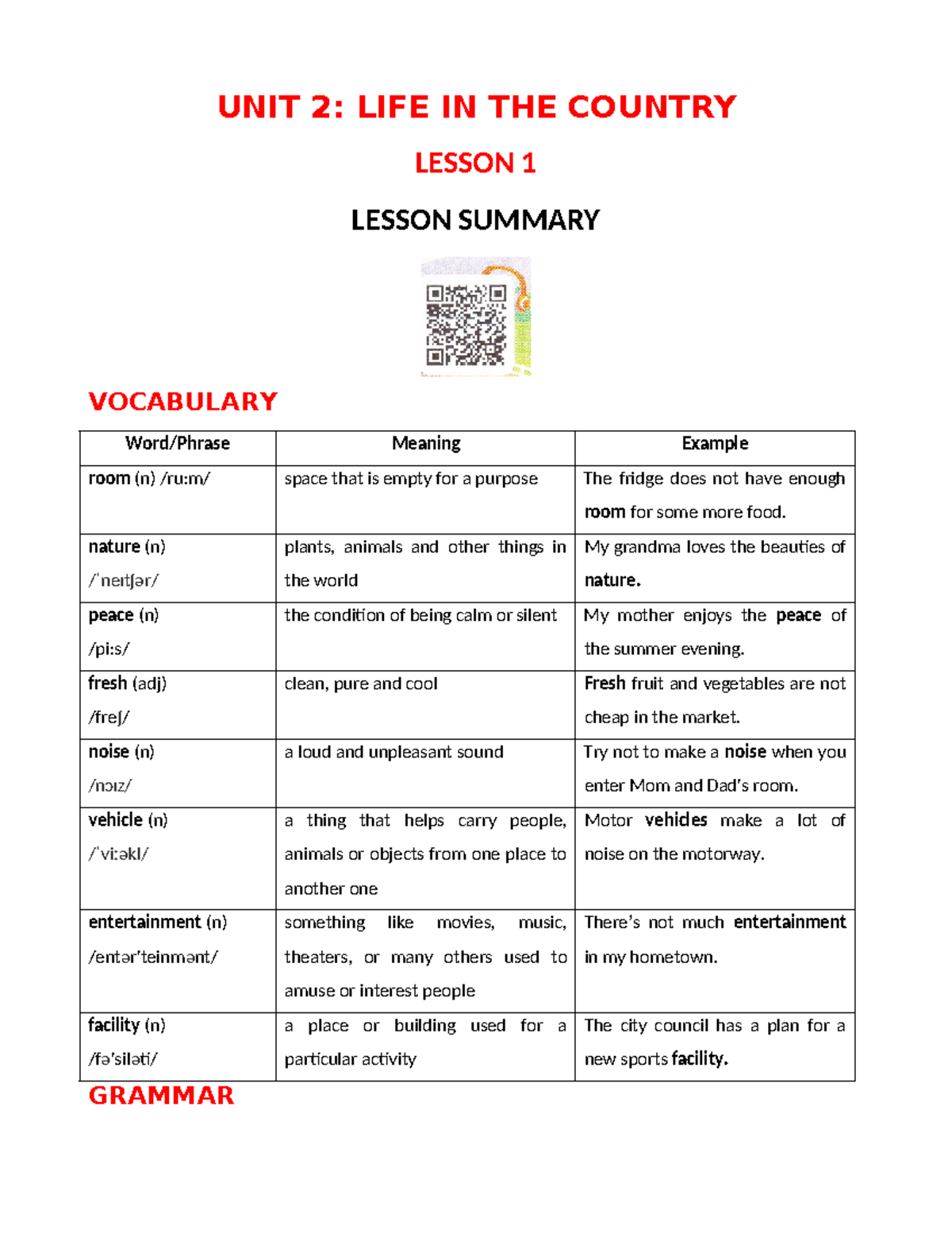 UNIT 2: LIFE IN THE COUNTRY - LESSON 1 SUMMARY & VOCABULARY - Studocu