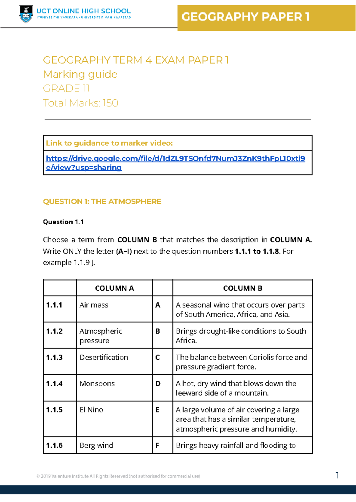 G11 Geography Term 4 Exam Paper 1 Marking Guide & Answers - Studocu
