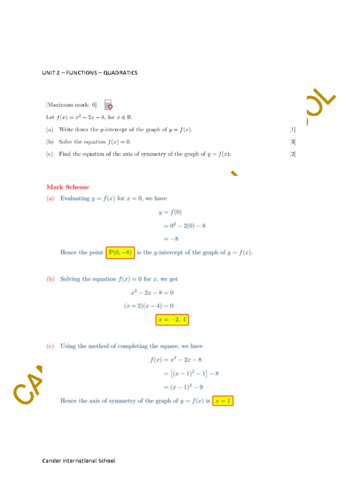 UNIT 2- Functions- Quadratics - Mathematiques - UNIT 2 – FUNCTIONS ...