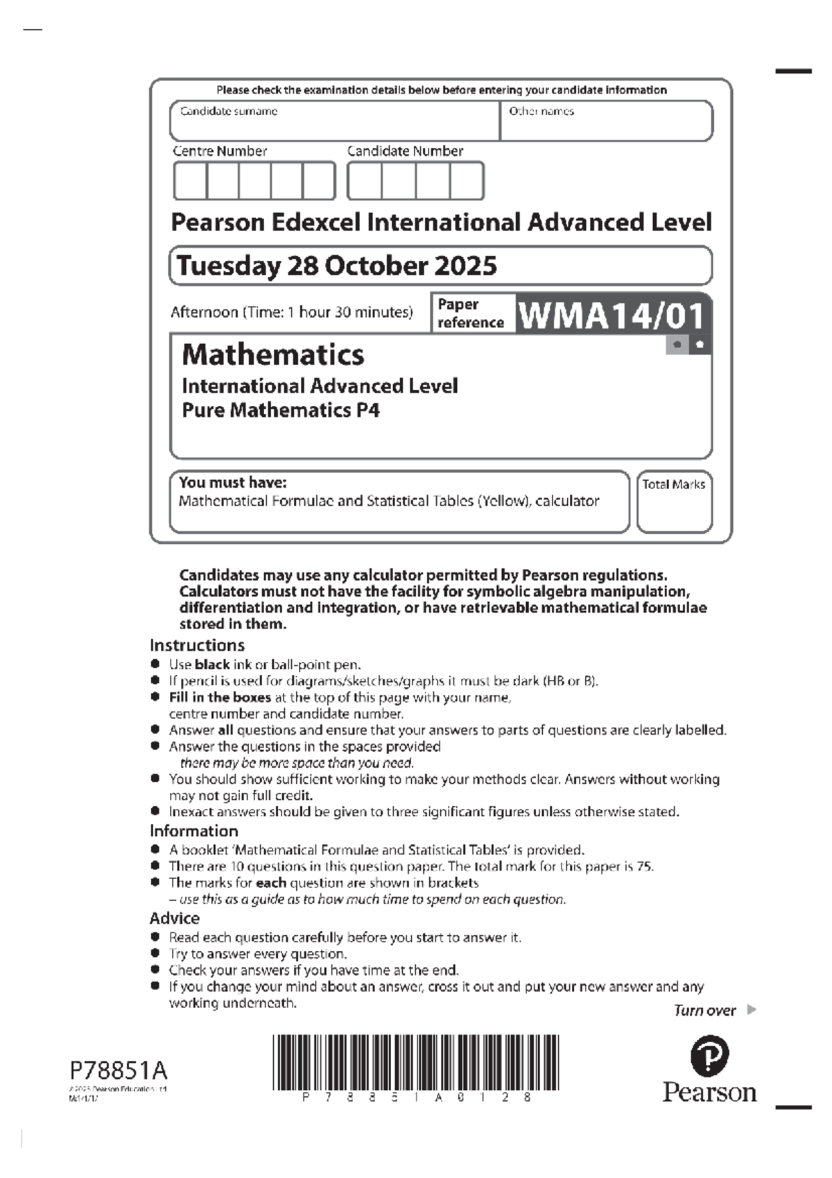 Mathematics IAL Pure Mathematics P4 Exam Instructions and Details - Studocu
