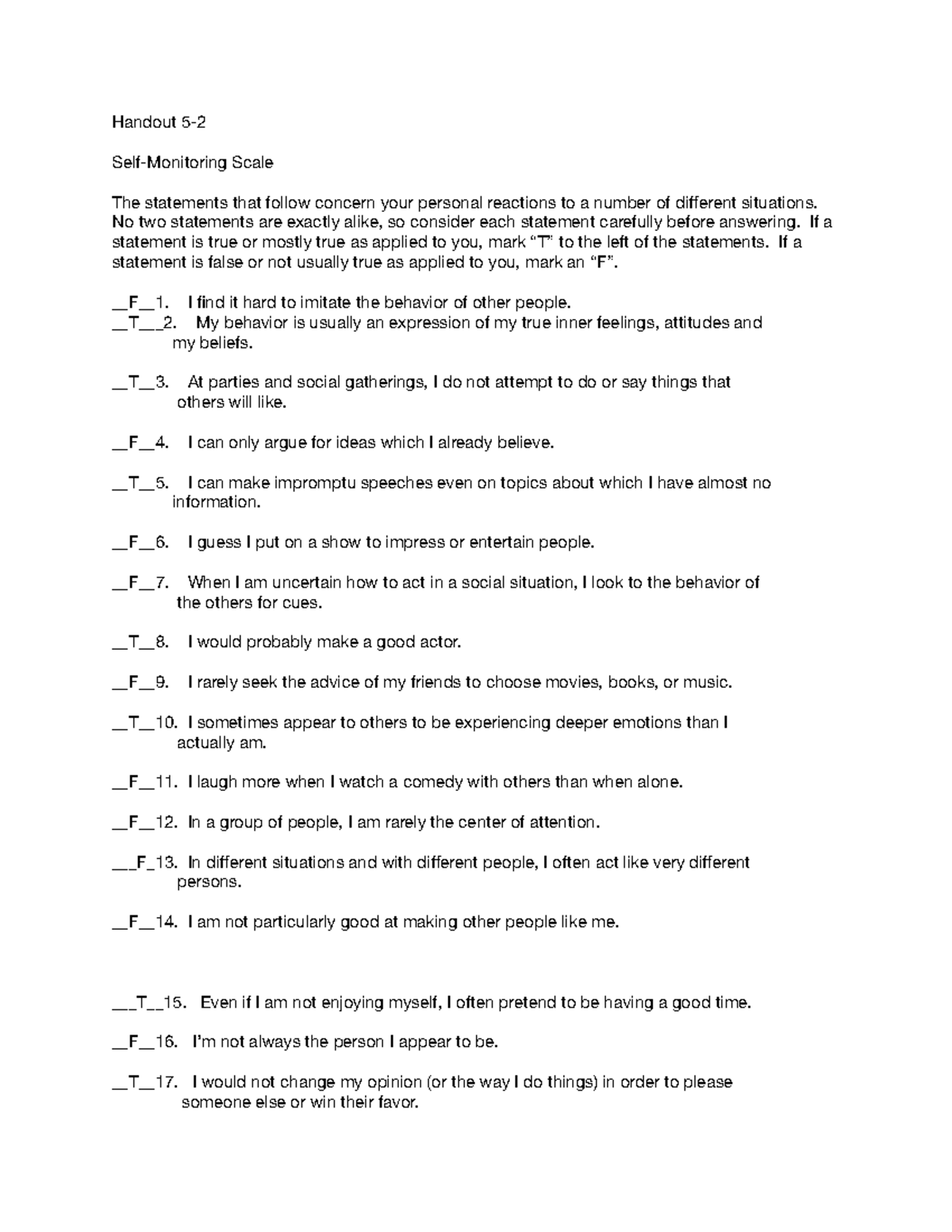 Self-Monitoring Scale Handout - Key Reflections on Behavior - Studocu