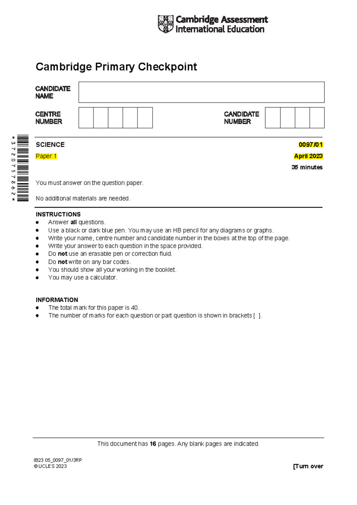 Cambridge Primary Science Checkpoint 0097 Paper 1 April 2023 - Studocu