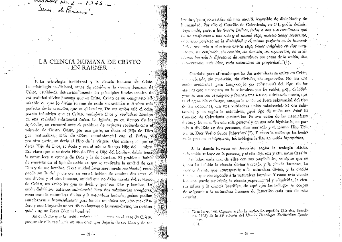La ciencia humana de Cristo según Rahner: Análisis y crítica - Studocu