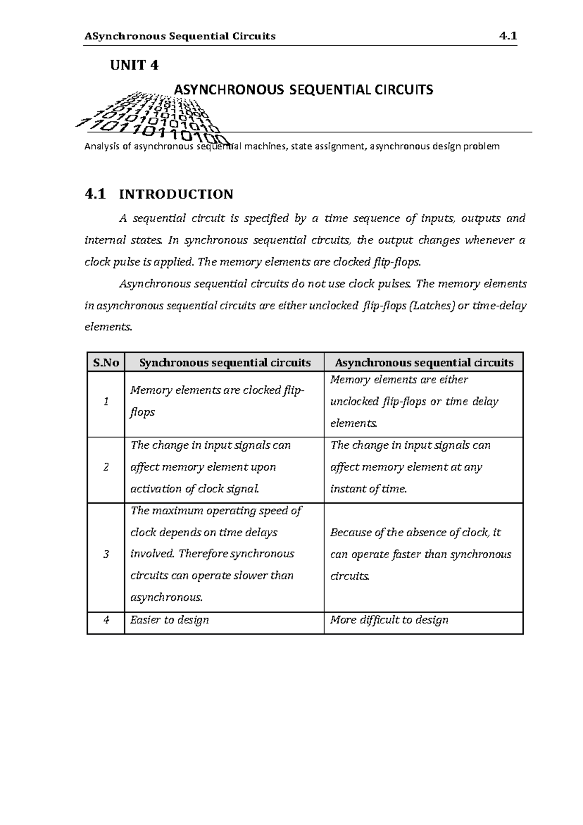 EC3352 Digital System Design unit4 - ASynchronous Sequential Circuits 4. ASYNCHRONOUS SEQUENTIAL ...