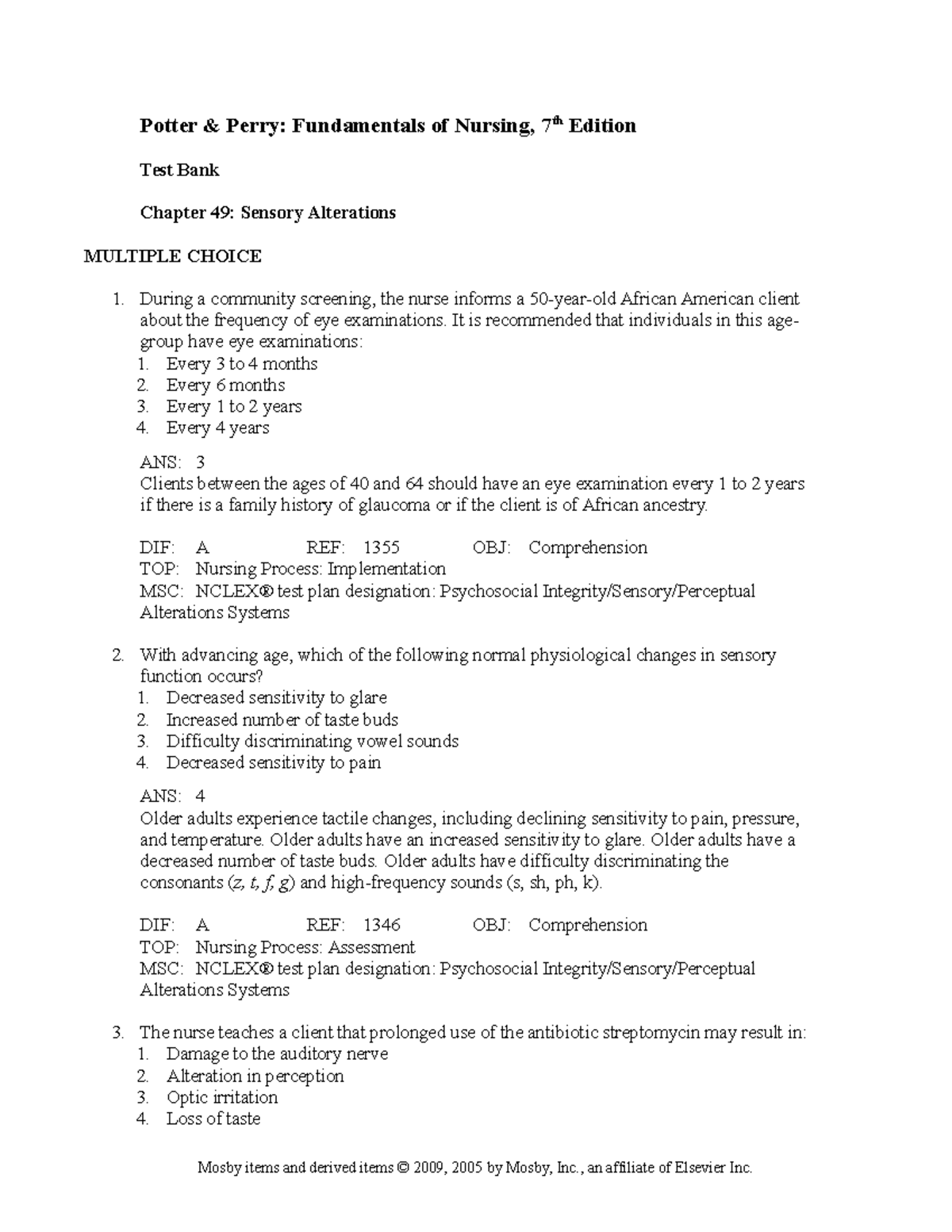 Sensory alterations - Pottery and Perry Test Bank - Potter & Perry ...