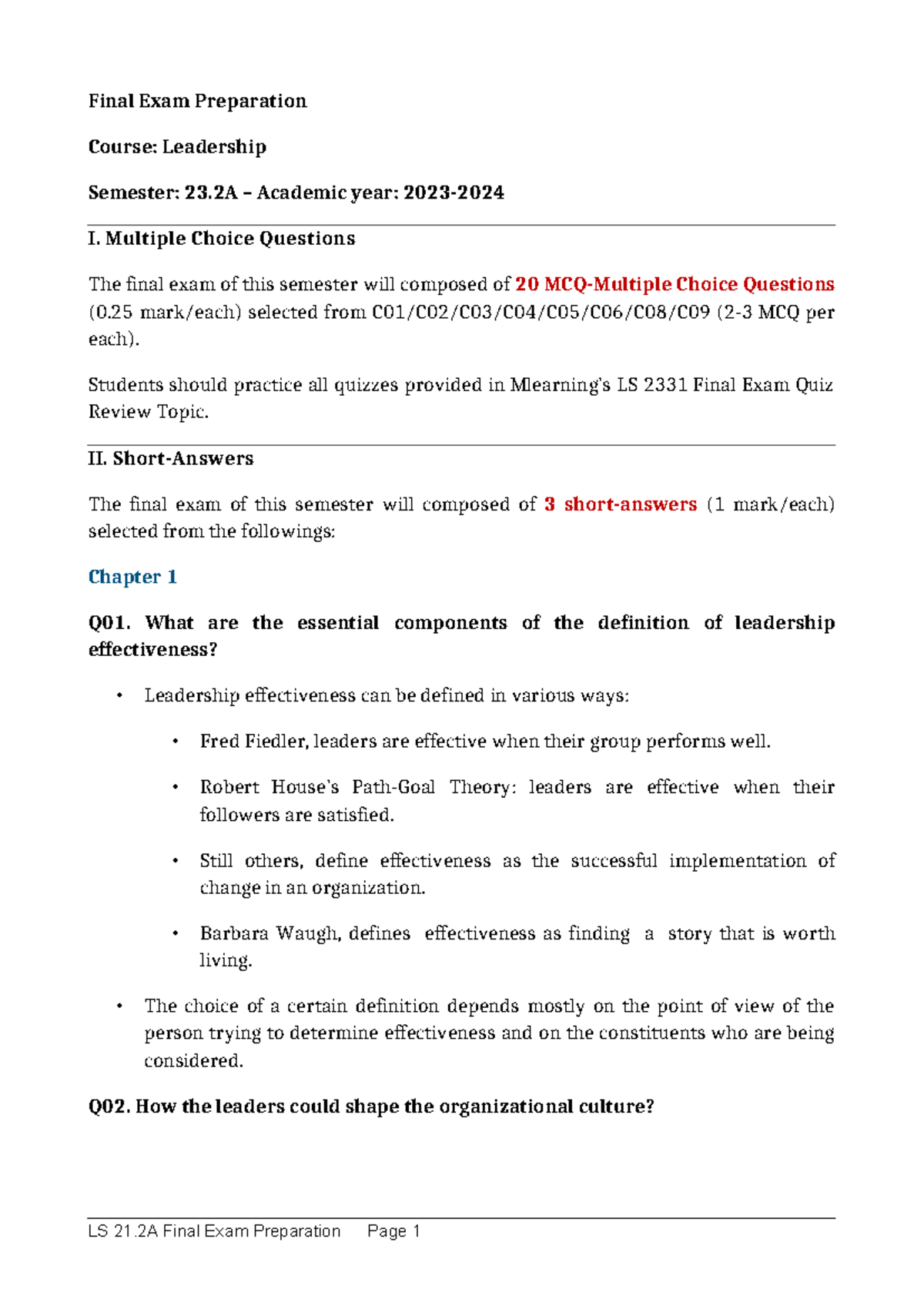 LS-23 - Leadership Final Exam Review Notes for Academic Year 2023 - Studocu