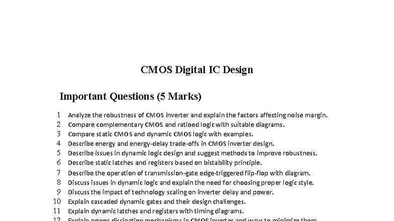 CDICD CMOS Digital IC Design Important Questions (5 Marks) - Studocu