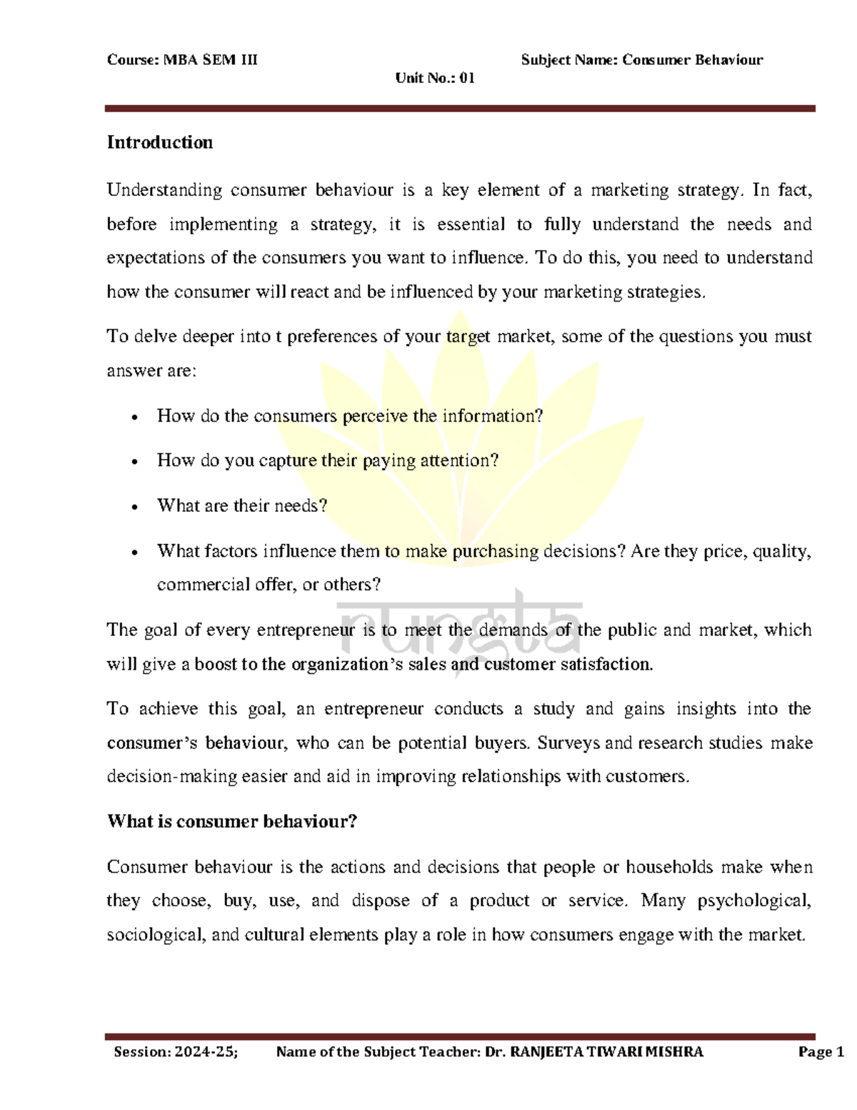 CB - Unit-1-1 MBA III - Consumer behaviour Note - Unit No.: 01 ...