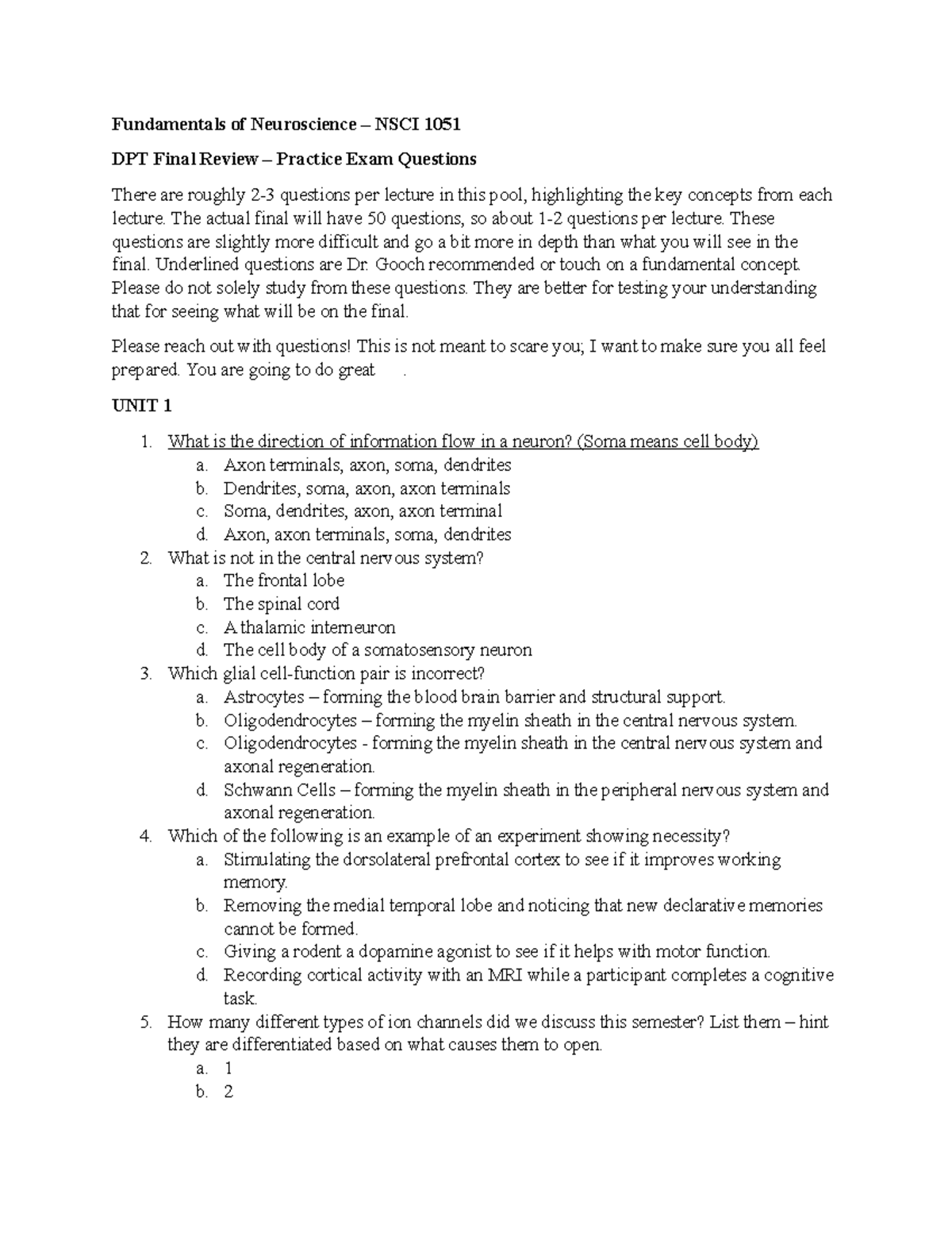 Final Exam Review - NSCI 1051 Practice Questions and Highlights - Studocu