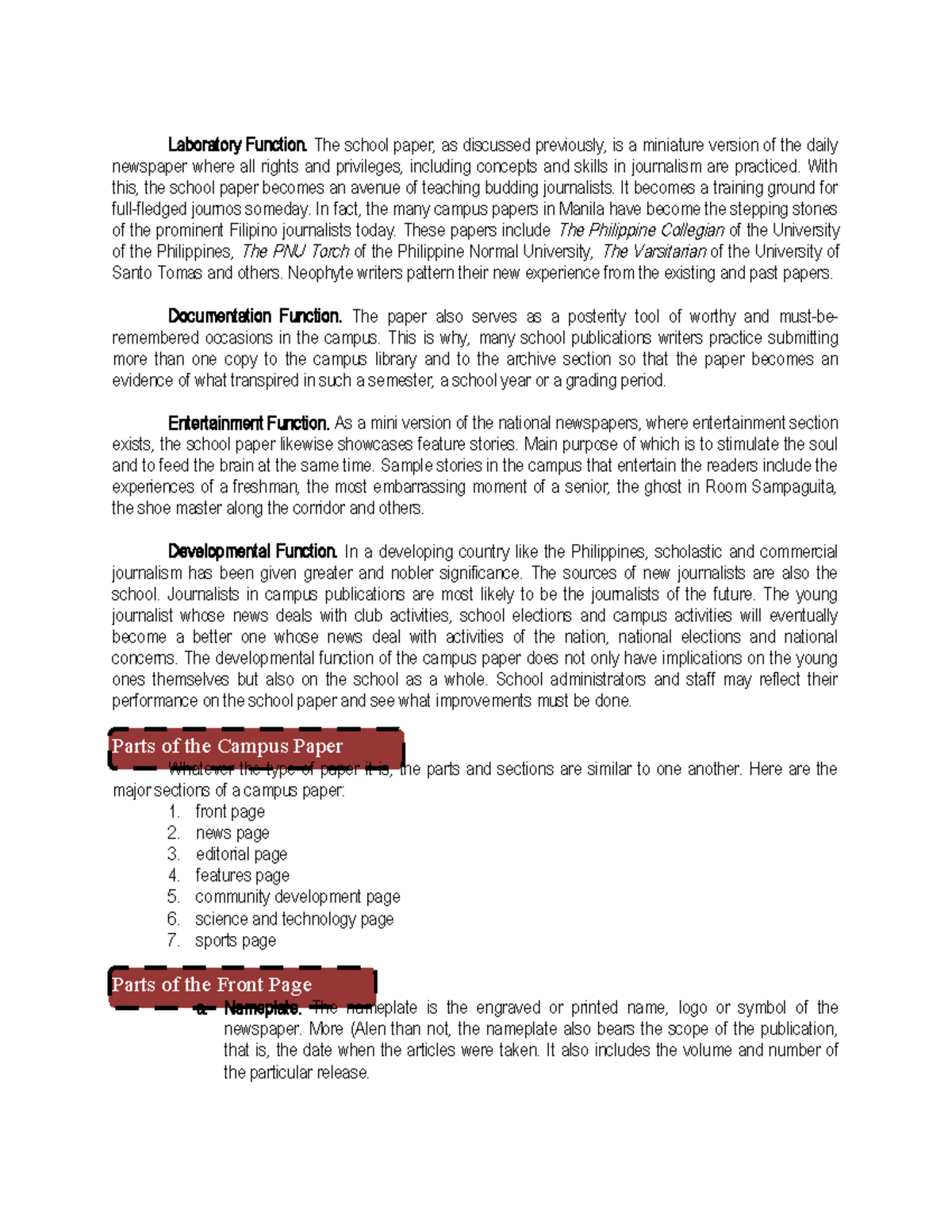 Campus Journalism Parts of a Campus Paper - Laboratory Function. The ...