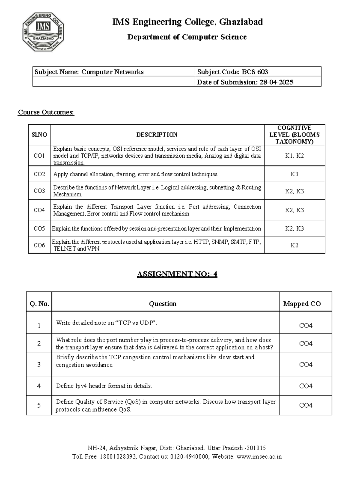 BCS 603 Computer Networks Assignment 4: Key Concepts & Protocols - Studocu