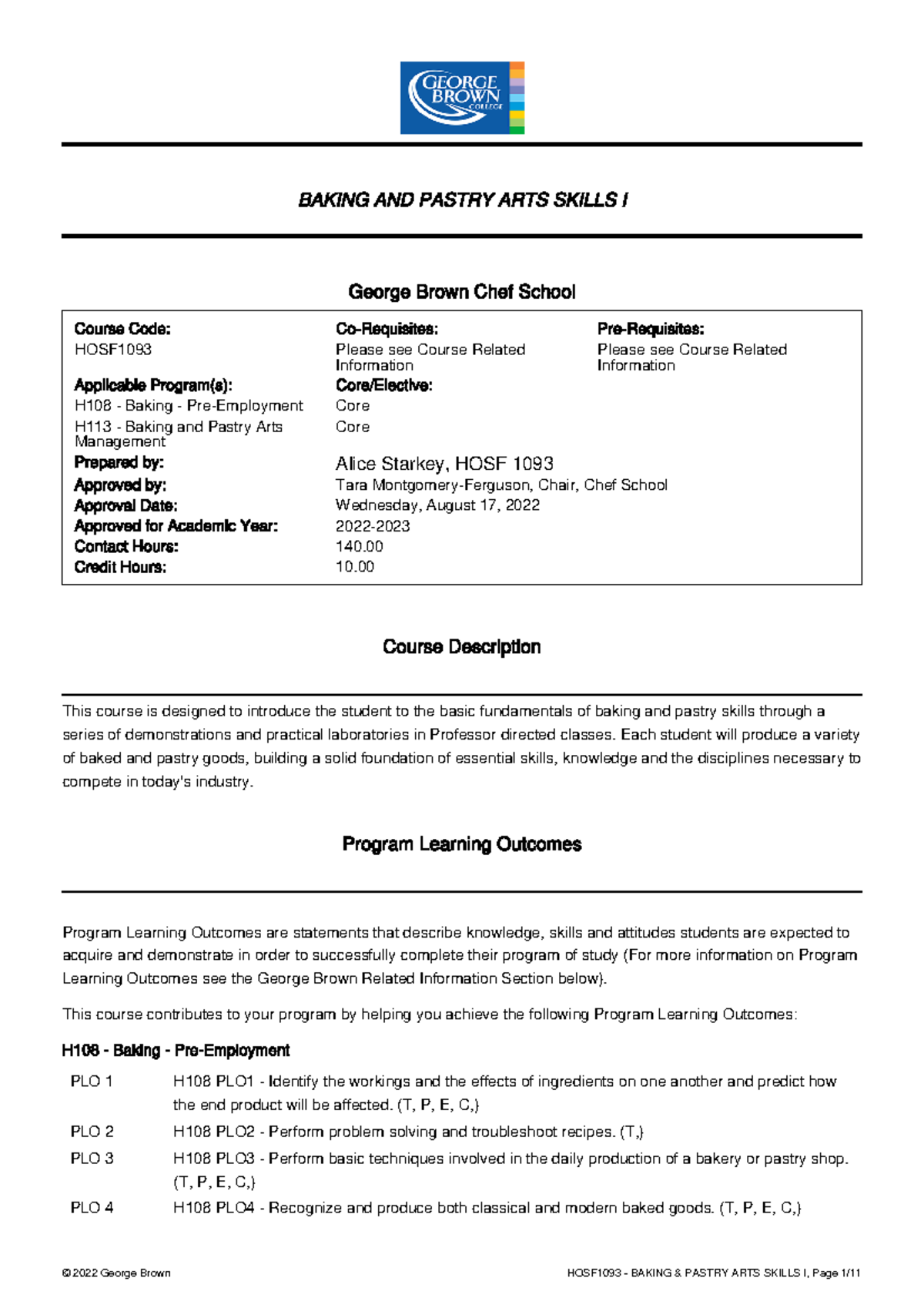 HOSF1093 Baking and Pastry Arts Course Outline (2022-2023) - Studocu