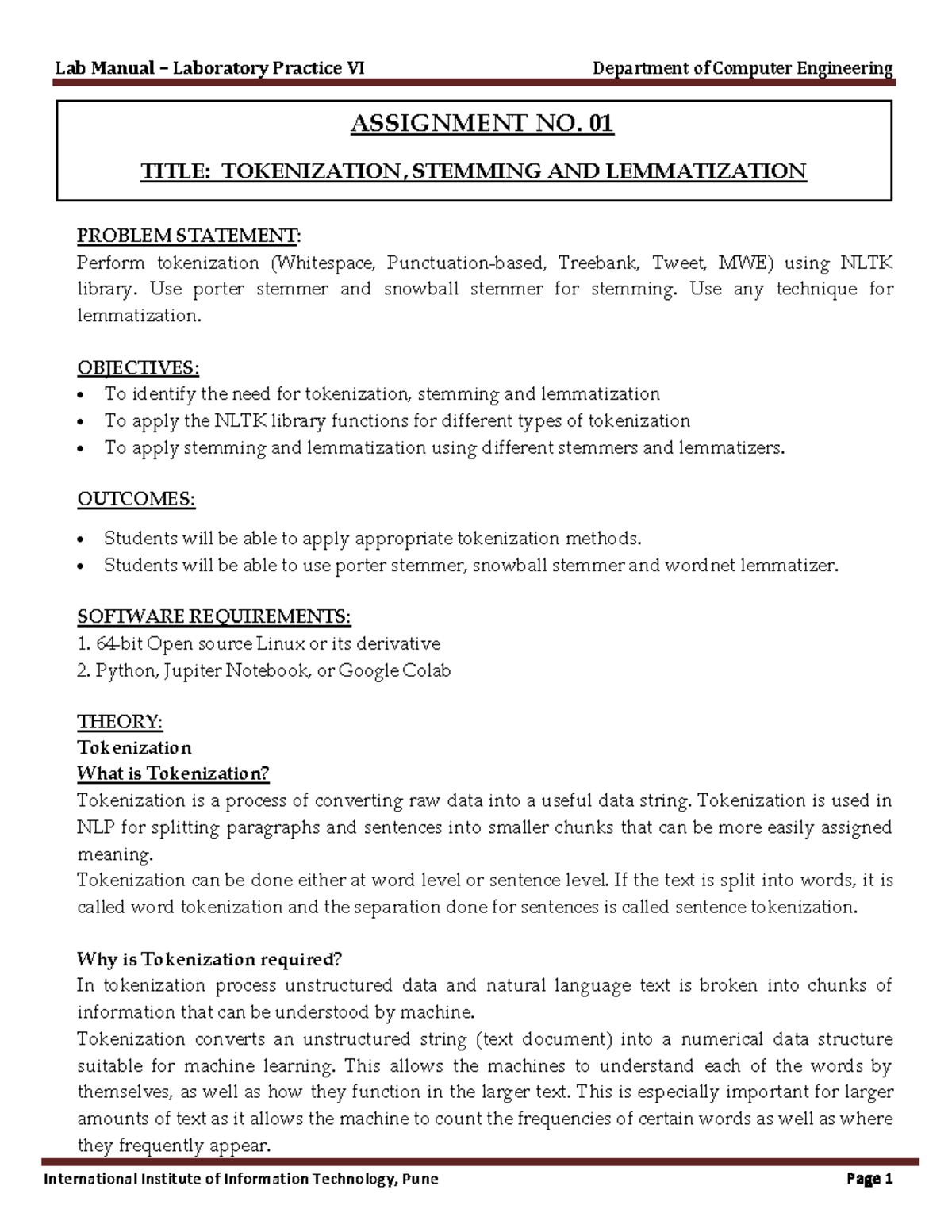 LP-VI NLP LAB Manual: Tokenization, Stemming & Lemmatization Guide - Studocu