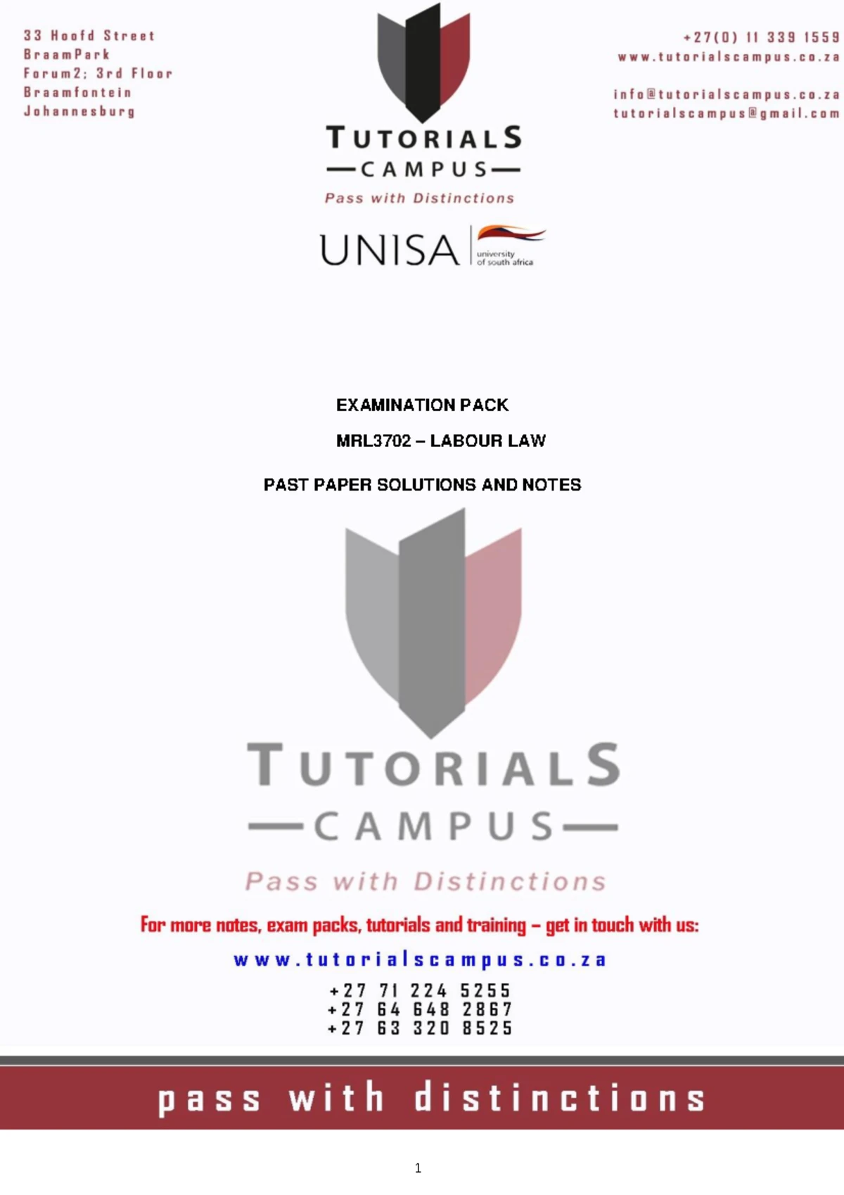 MRL3702 EXAM PACK - 1 EXAMINATION PACK MRL3702 – LABOUR LAW PAST PAPER ...