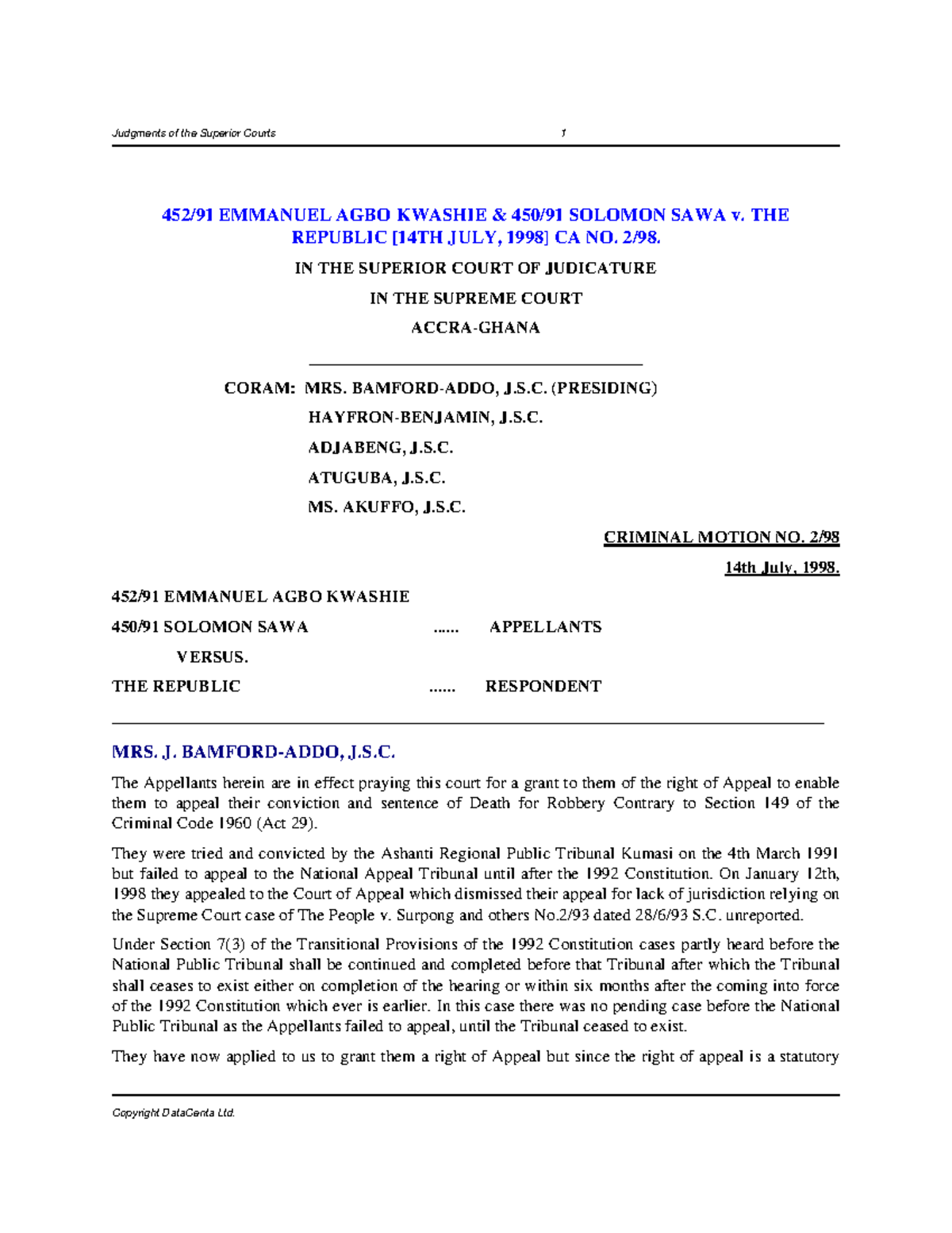 Judgments of the Superior Courts: Emmanuel AGBO Kwashie & Solomon SAWA ...