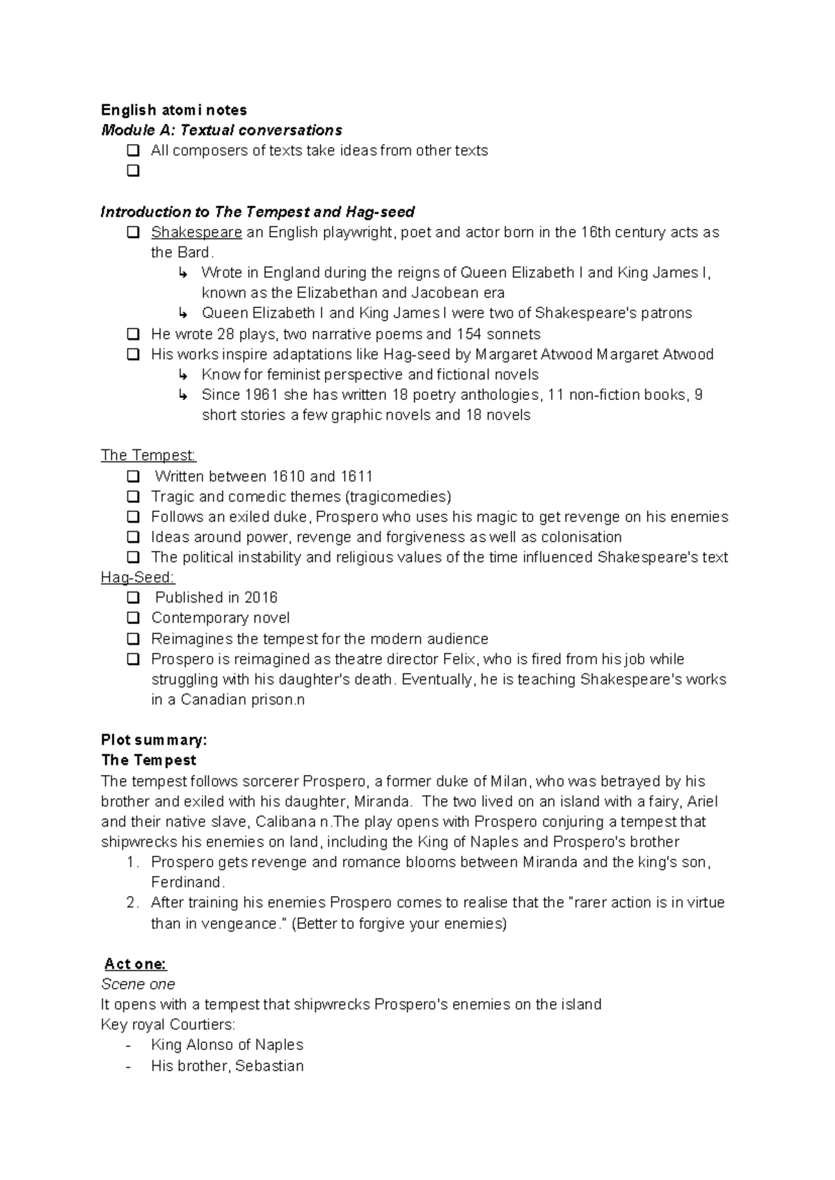 English Notes: The Tempest & Hagseed Analysis (ENG101) - Studocu