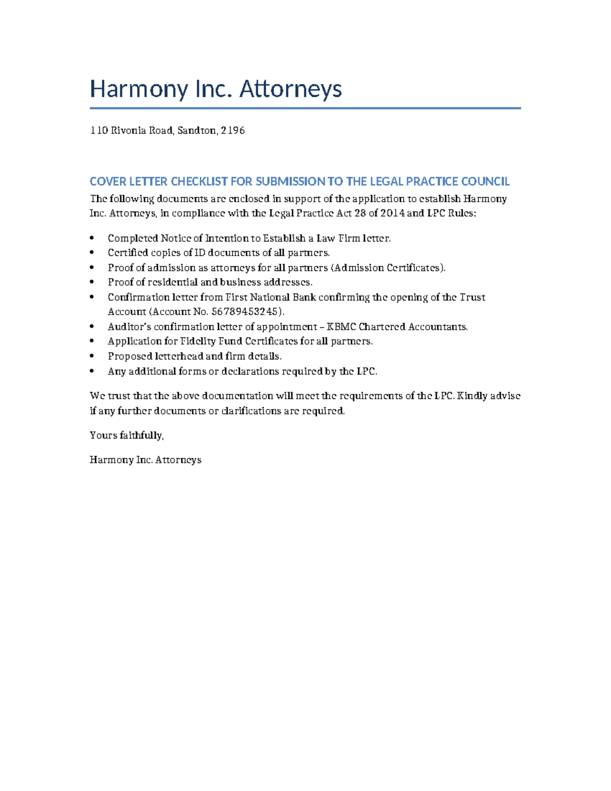 Harmony Inc. Attorneys LPC Submission Checklist - Studocu
