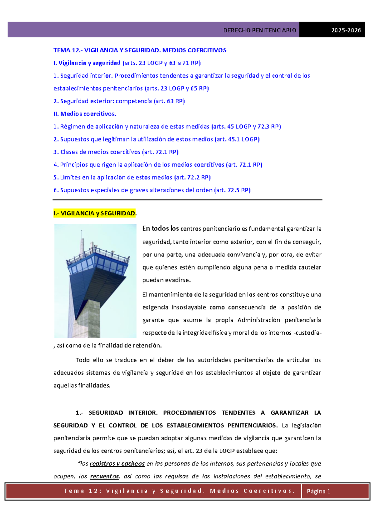 TEMA 12: DERECHO PENITENCIARIO - VIGILANCIA Y MEDIOS COERCITIVOS 2025 ...