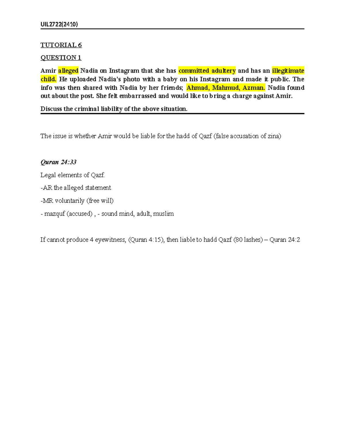 Tutorial 6a - Islamic LAW II - UIL2722(2410) TUTORIAL 6 QUESTION 1 Amir ...