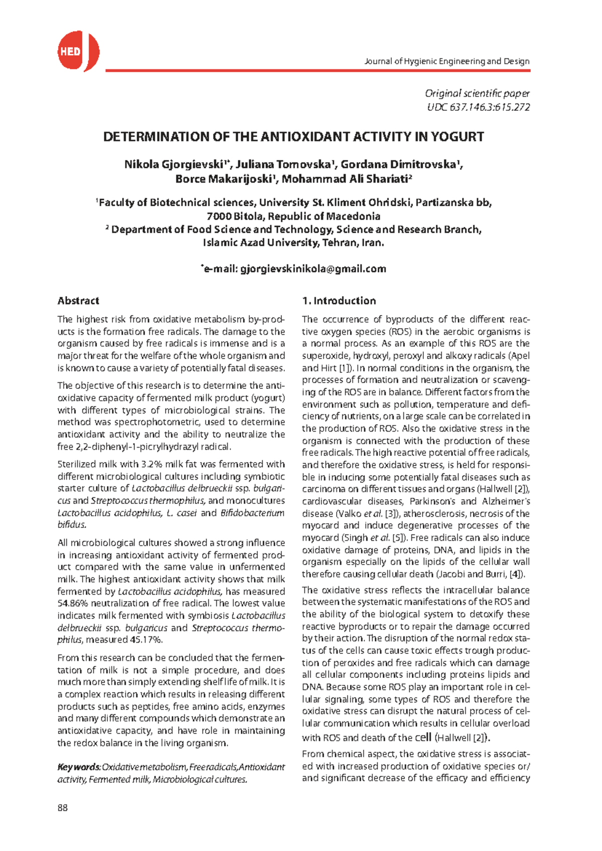 Determination of Antioxidant Activity in Yogurt: Laboratory Procedures ...